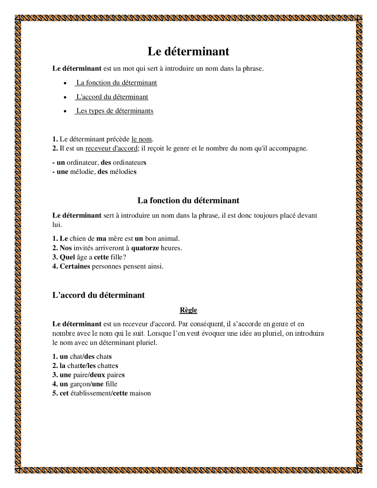 Le déterminant Grammaire française I | Apuntes de Idioma Francés | Docsity