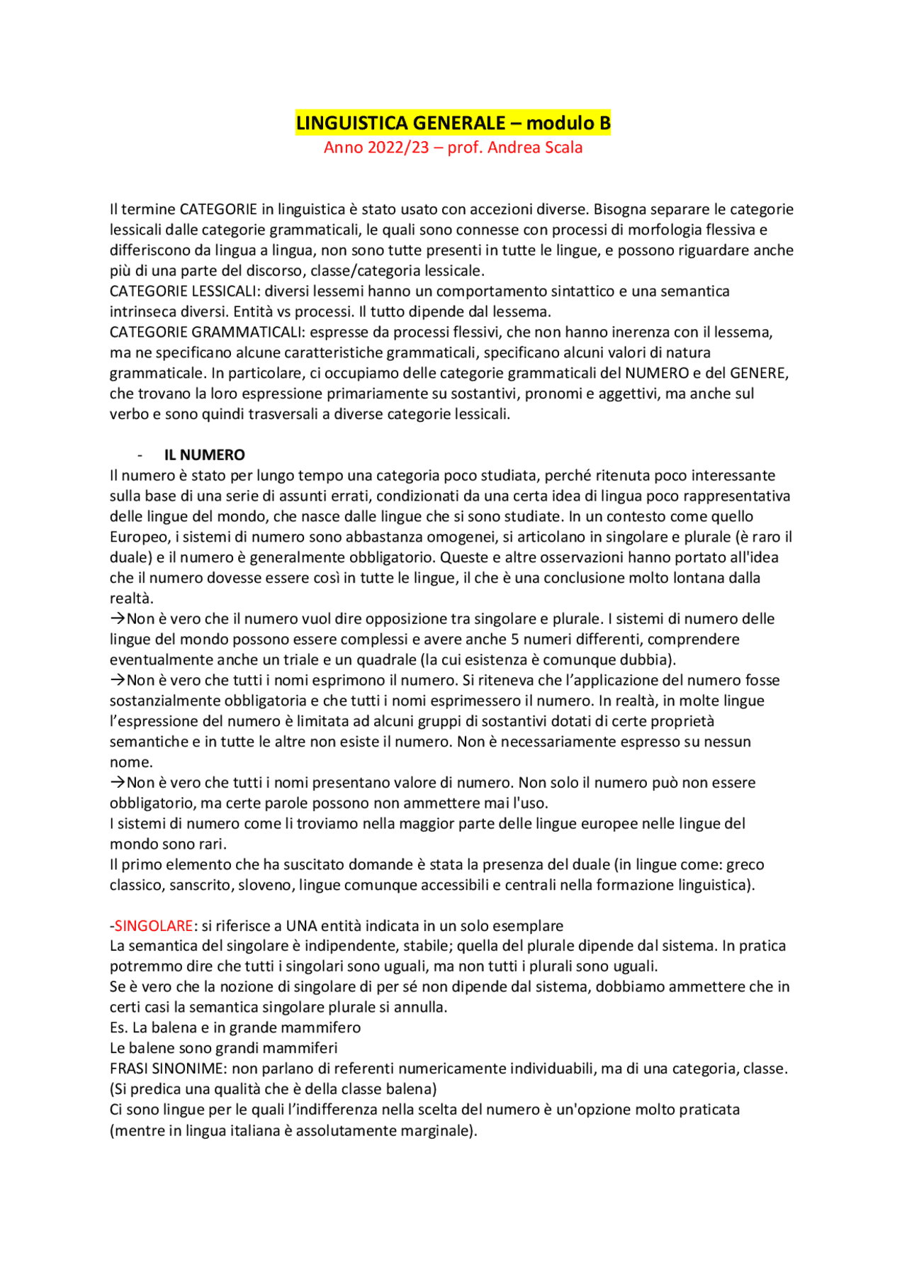 Appunti Linguistica Generale Prof Andrea Scala Modulo B Anno 2022