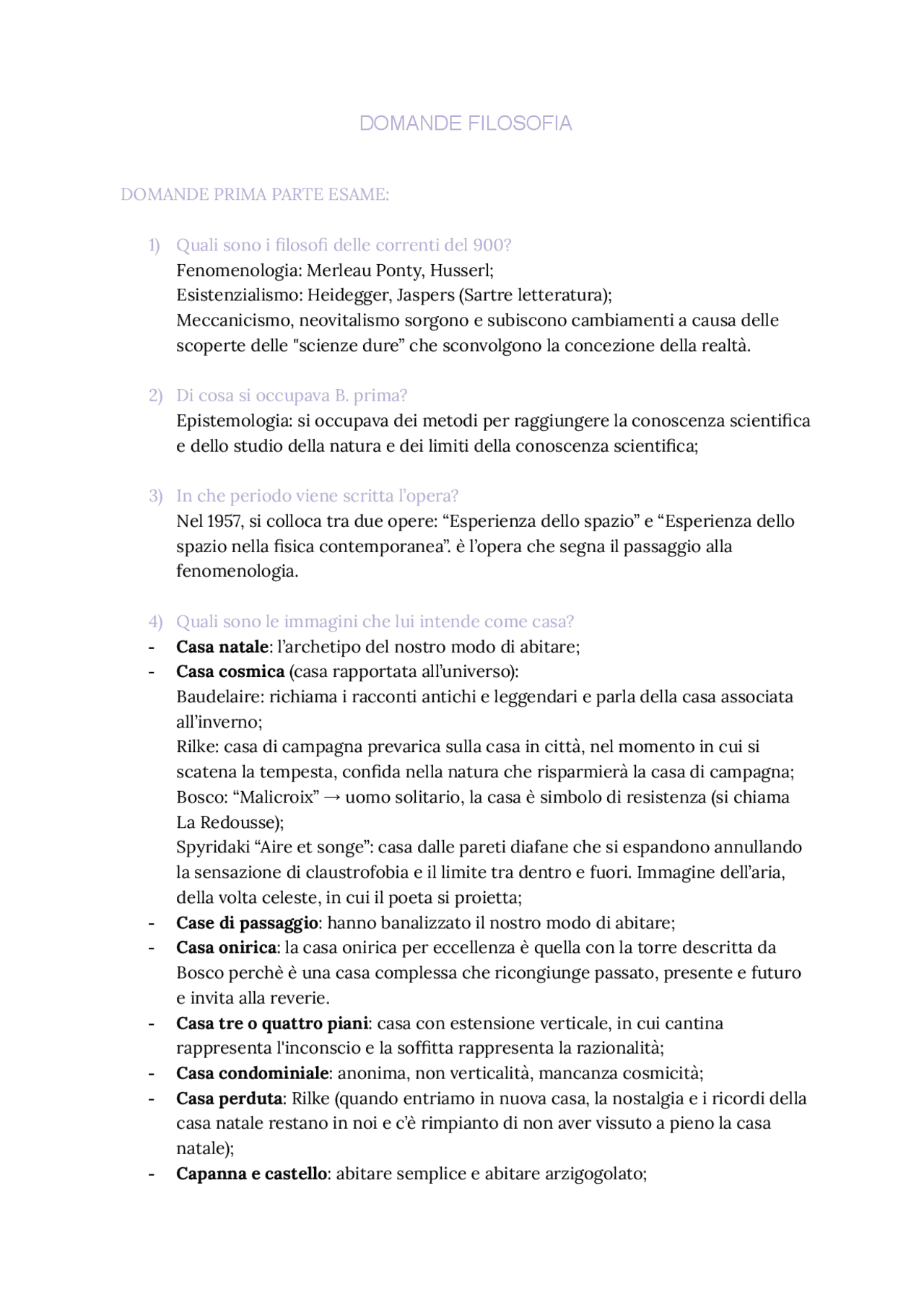 POSSIBILI DOMANDE D'ESAME (PRIMA E SECONDA PARTE) | Esercizi di Storia Della Filosofia | Docsity