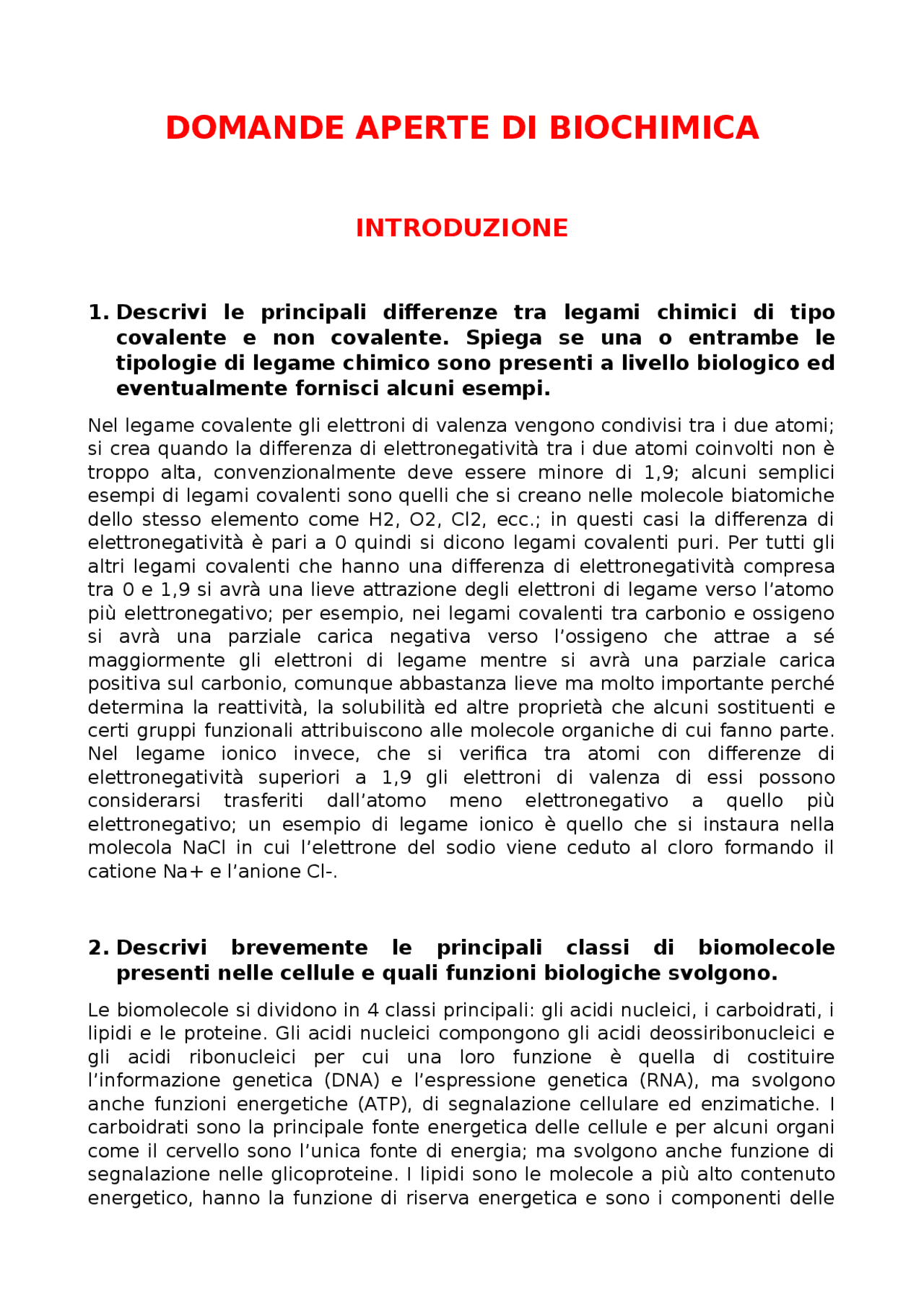 Biochimica, Domande Aperte Svolte, e-Campus, Prof. Paolo Scarpelli ...