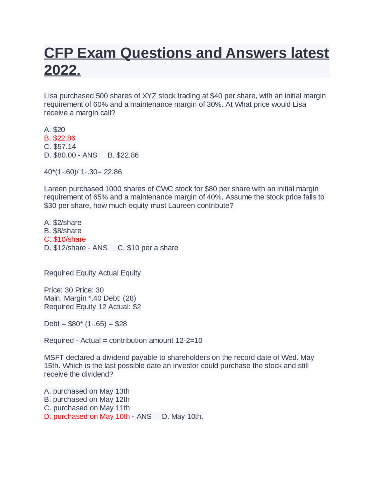 CFP Exam Questions and Answers latest 2022. | Exams Business Finance ...