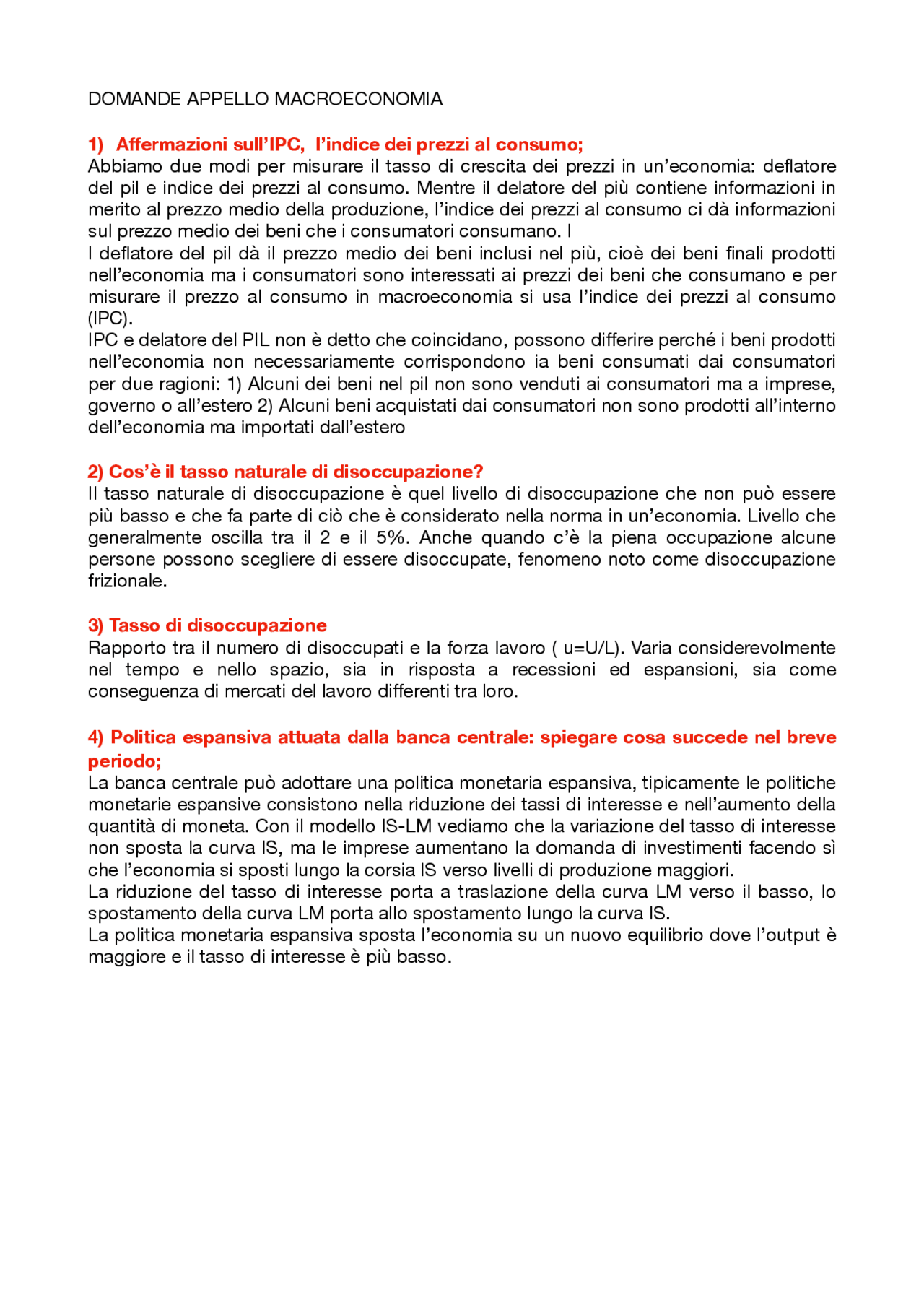 Domande Esame Macroeconomia Prove Desame Di Macroeconomia Docsity