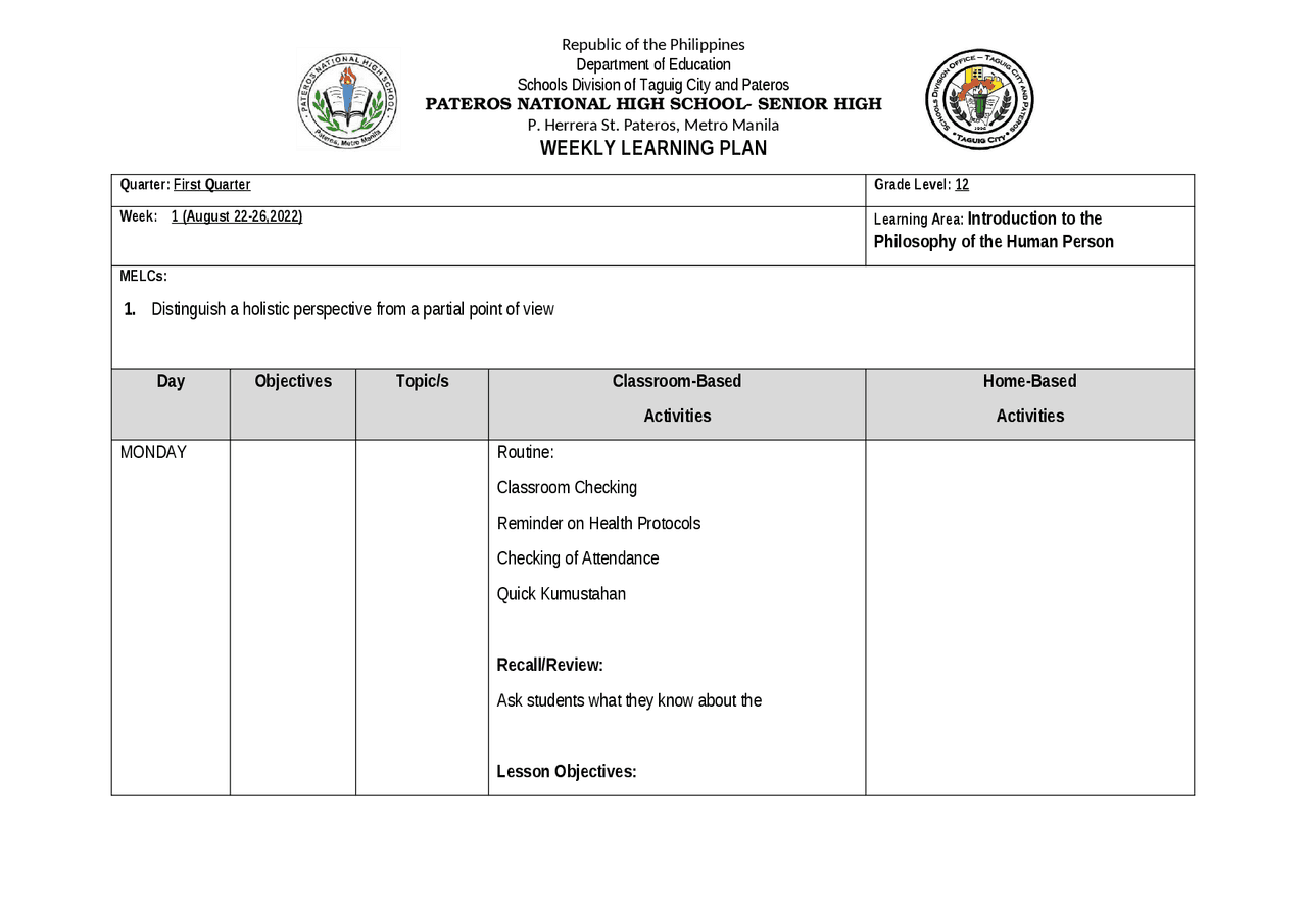Weekly Learning Plan Blank Cheat Sheet Philosophy Docsity