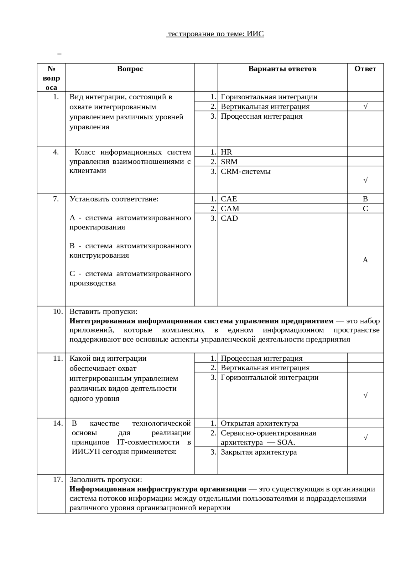 Тестирование по теме ИИС Упражнения и задачи Информационные системы