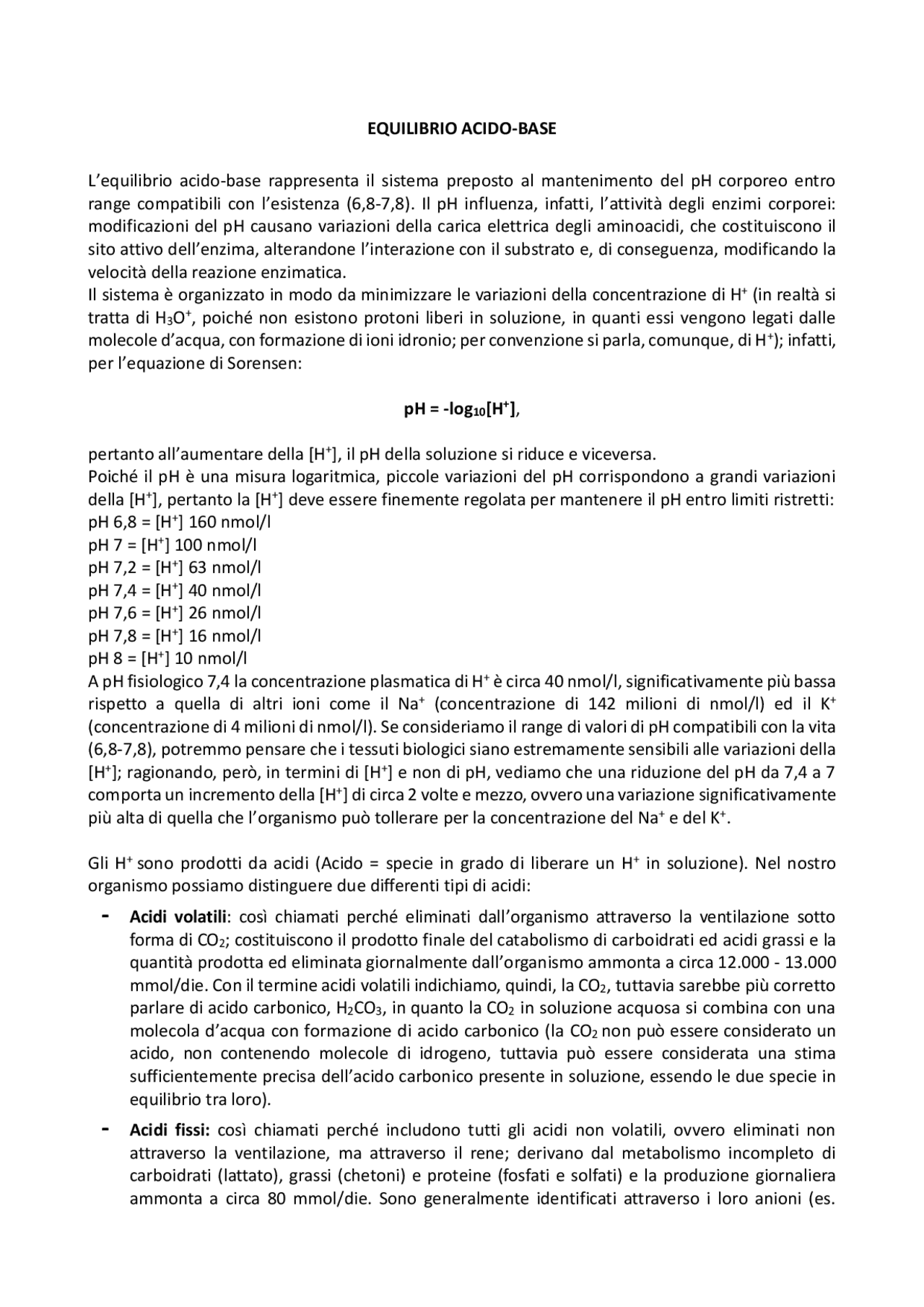 Equilibrio Acido Base Schemi E Mappe Concettuali Di Biochimica Docsity