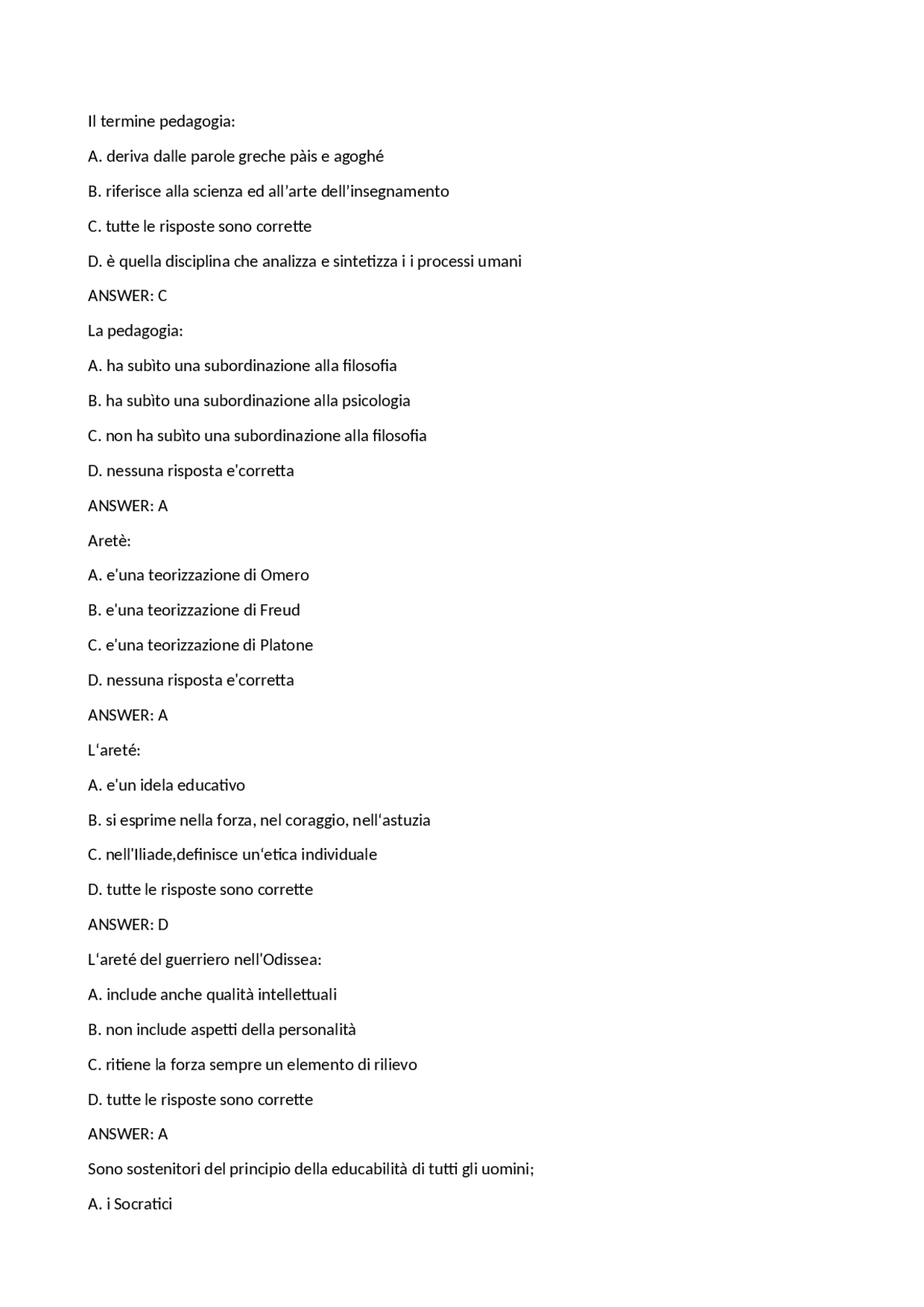 Test Utile Per Esame Prove Desame Di Pedagogia Docsity