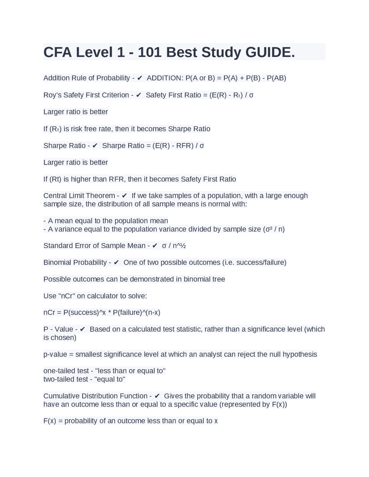 CFA Level 1 - 101 Best Study GUIDE. | Exams Mathematics | Docsity