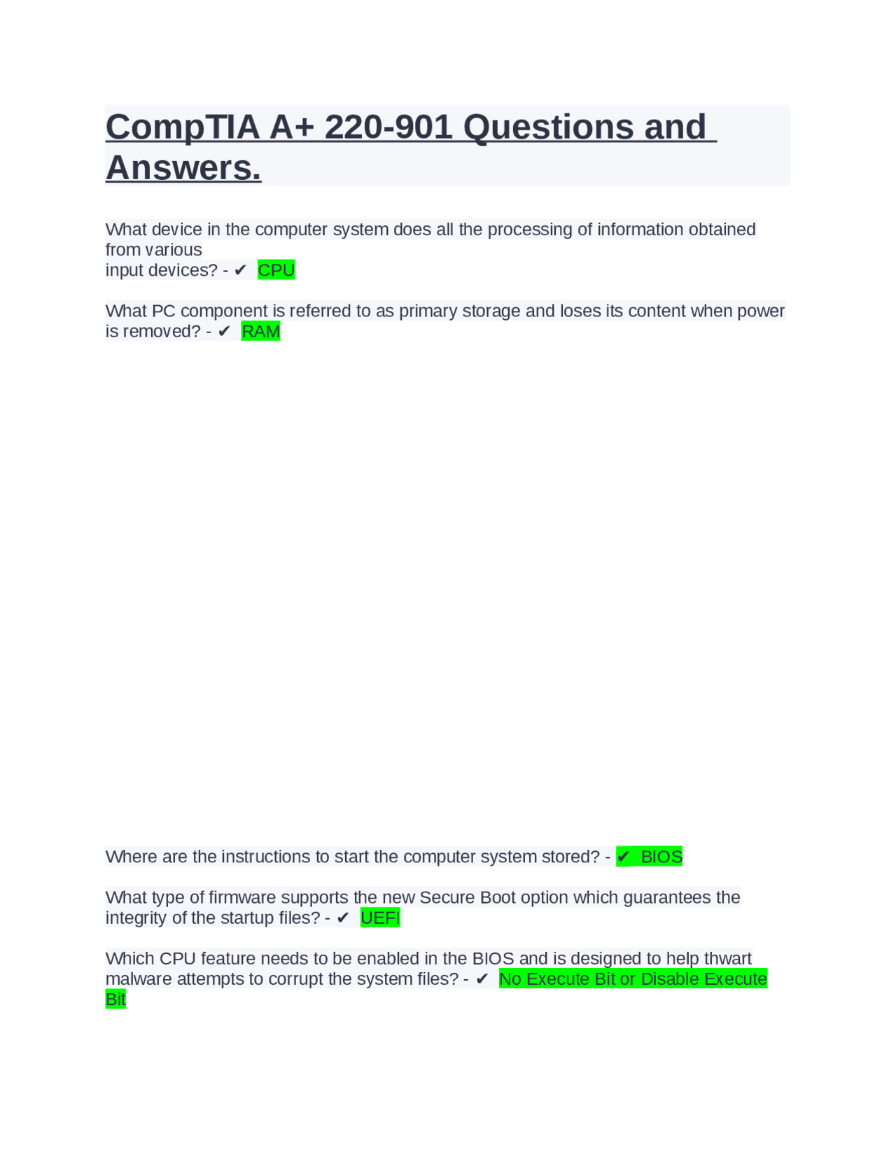 CompTIA A+ 220-901 Questions and Answers | Exams Computer Science | Docsity
