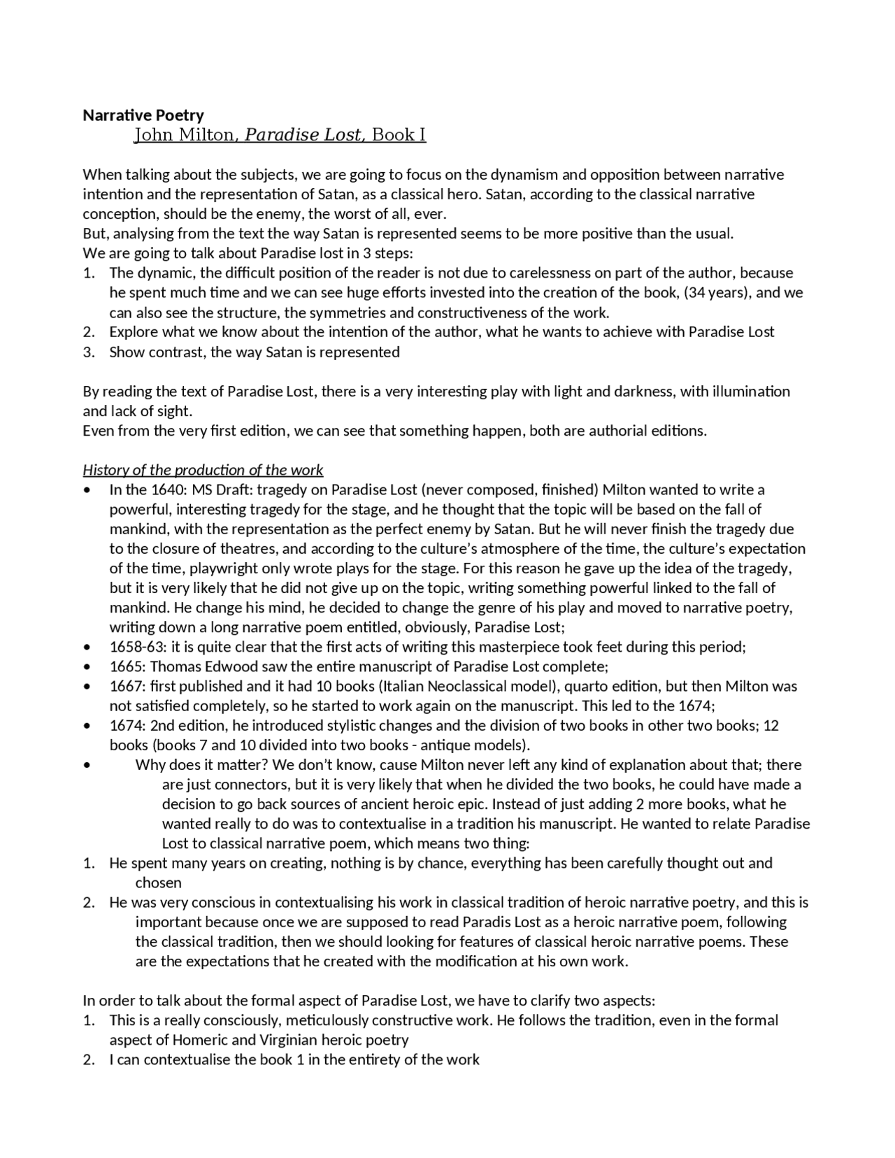 Narrative epic poem: John Milton's Paradise Lost, Book 1 | Appunti di ...