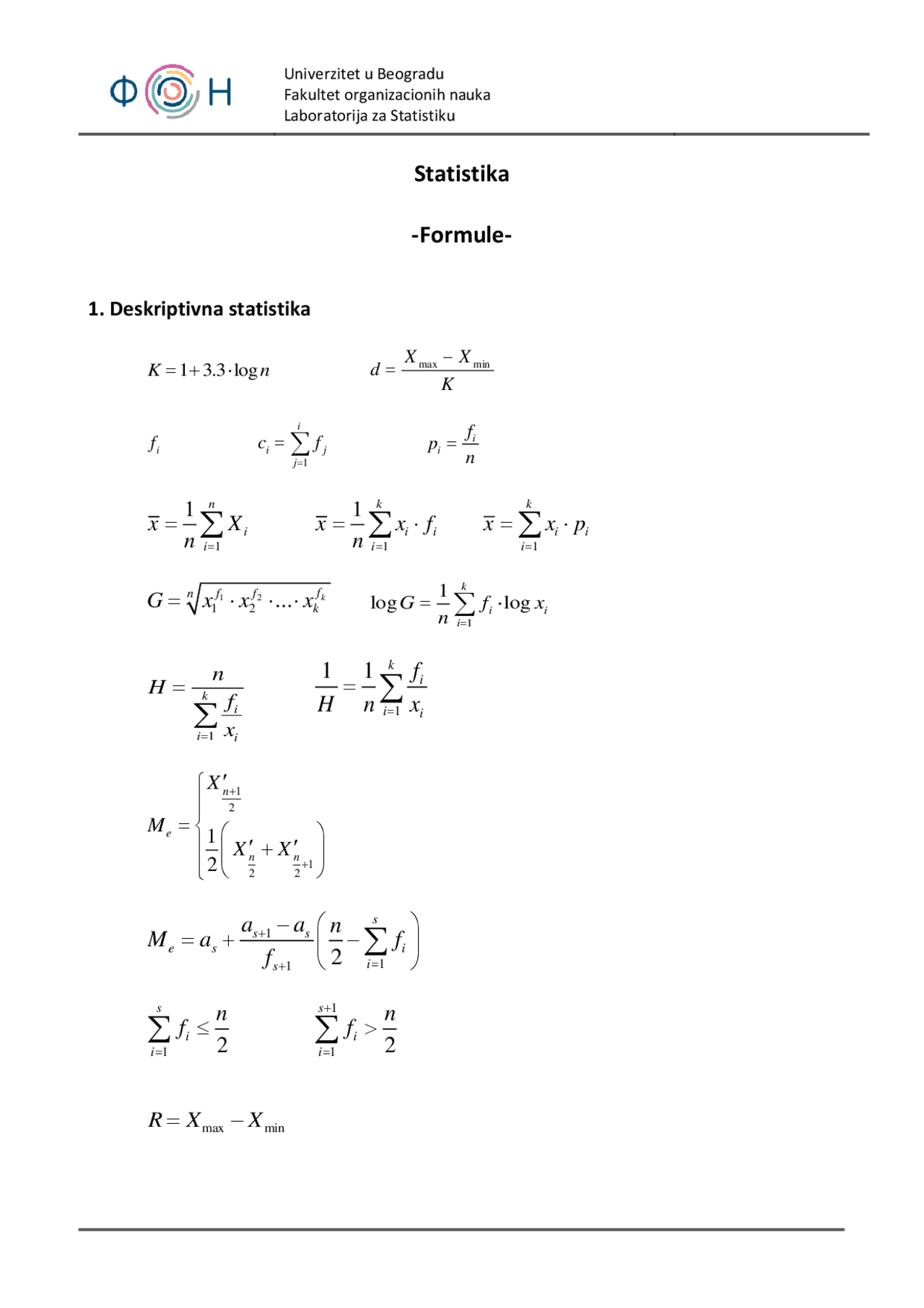 Statistika -Formule | Beleške' predlog Statistika | Docsity