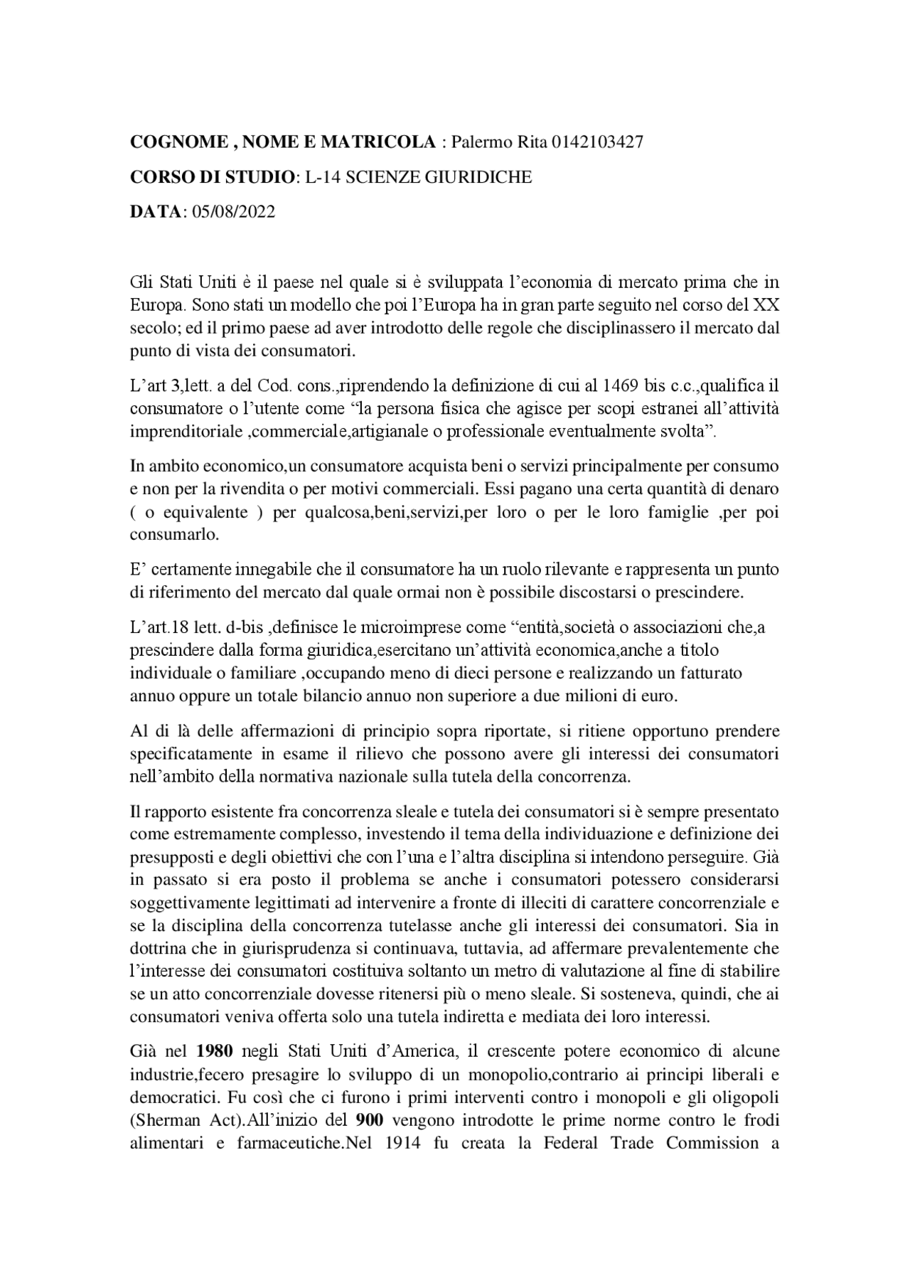 Elaborato tutela della concorrenza e del consumatore | Esercizi di Diritto Privato | Docsity