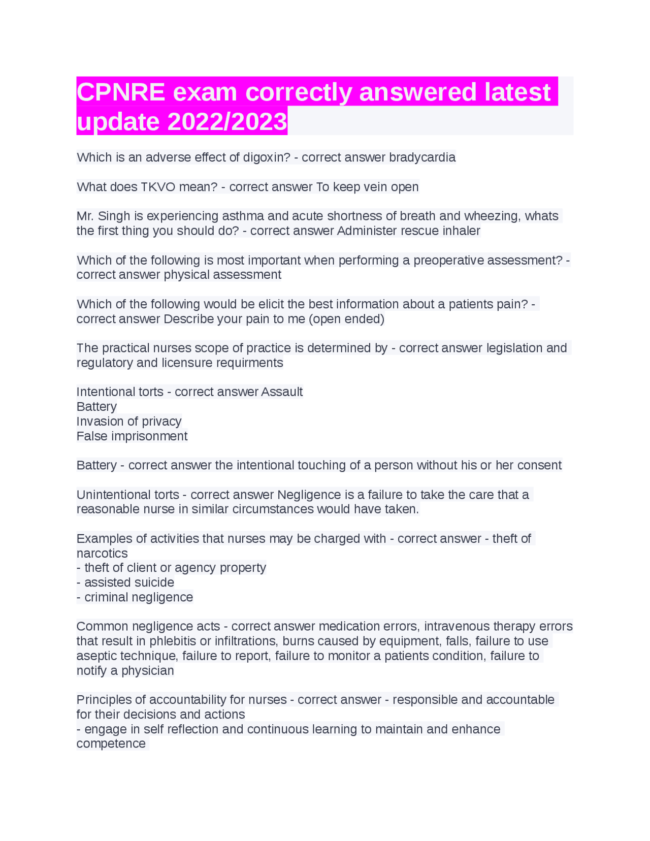CPNRE exam correctly answered latest update 2022 | Exams Nursing | Docsity