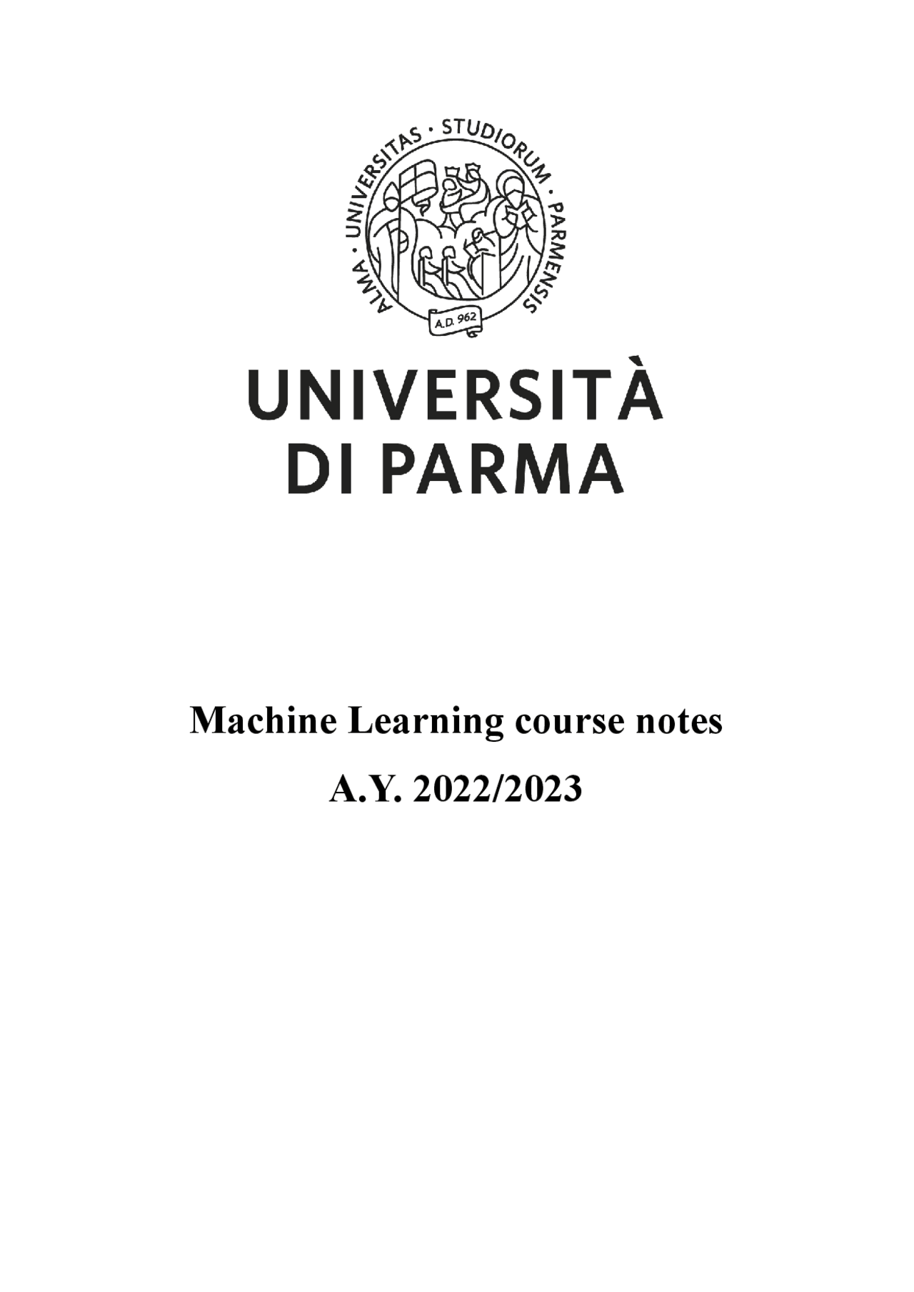 Machine Learning Course Notes Appunti Del Corso Di Machine Learning