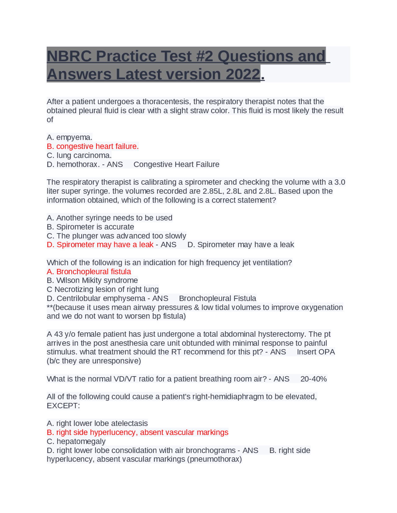NBRC Practice Test #2 Questions and Answers Latest version 2022 ...