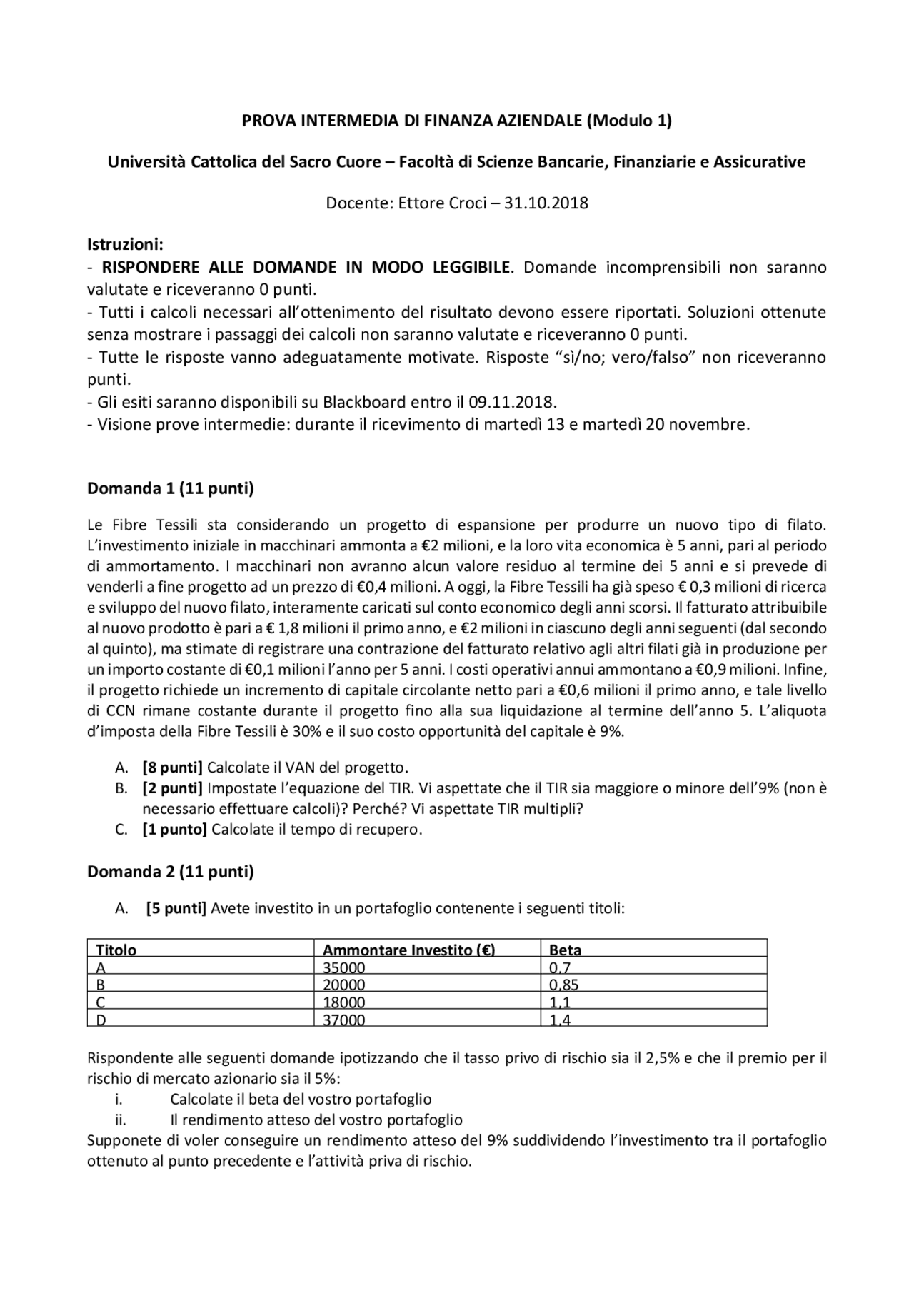 Prova Desame Prof Croci Primo Modulo Prove Desame Di Finanza