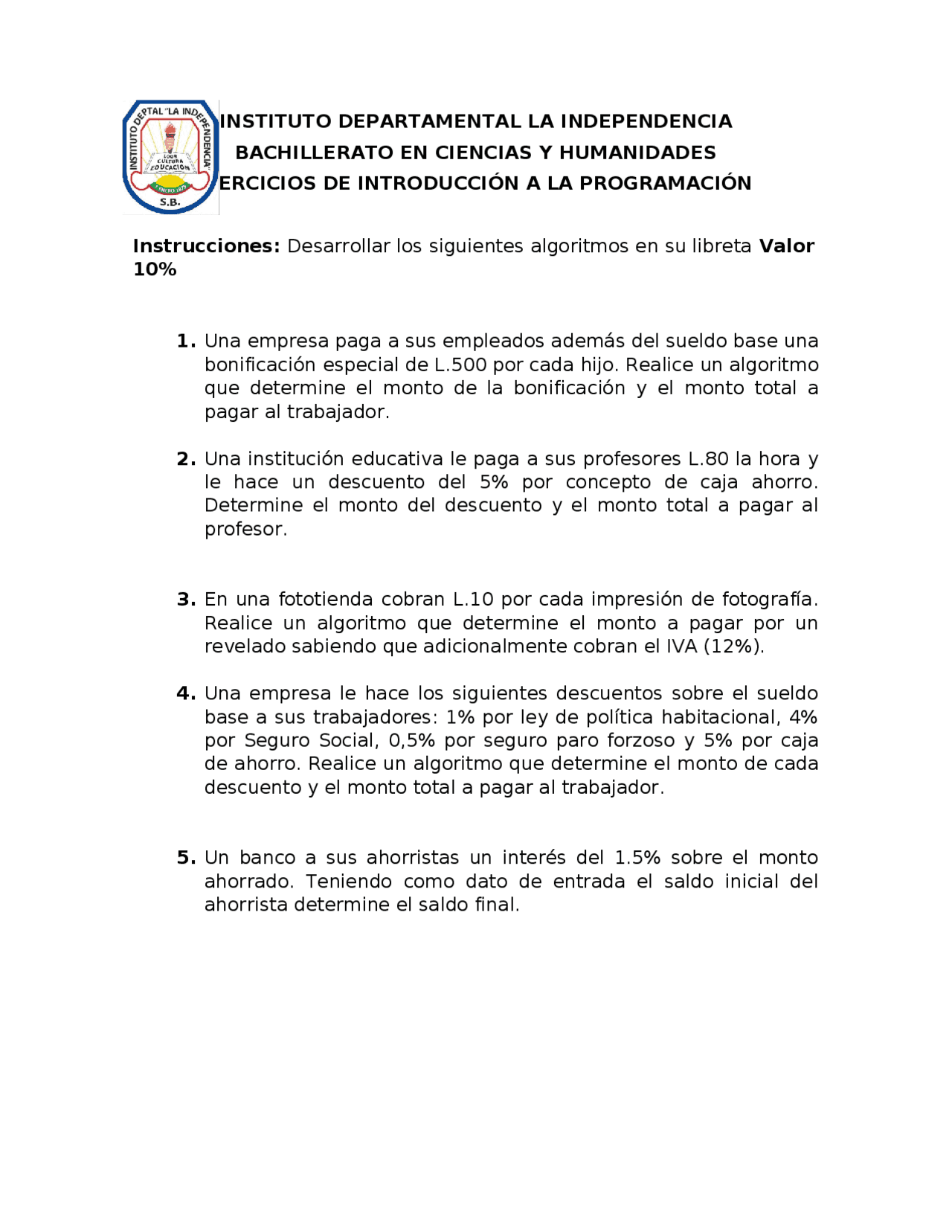Ejercicios De Programacion Ejercicios De Informática Docsity