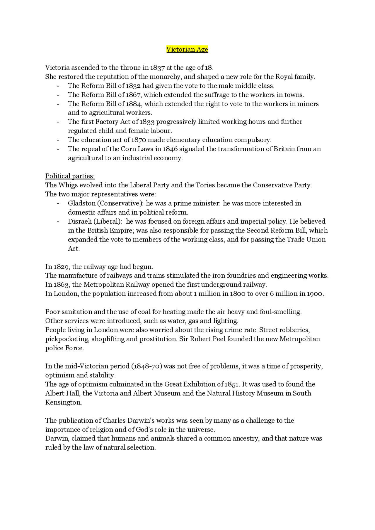 The Victorian Age And The Wars Schemi E Mappe Concettuali Di Inglese