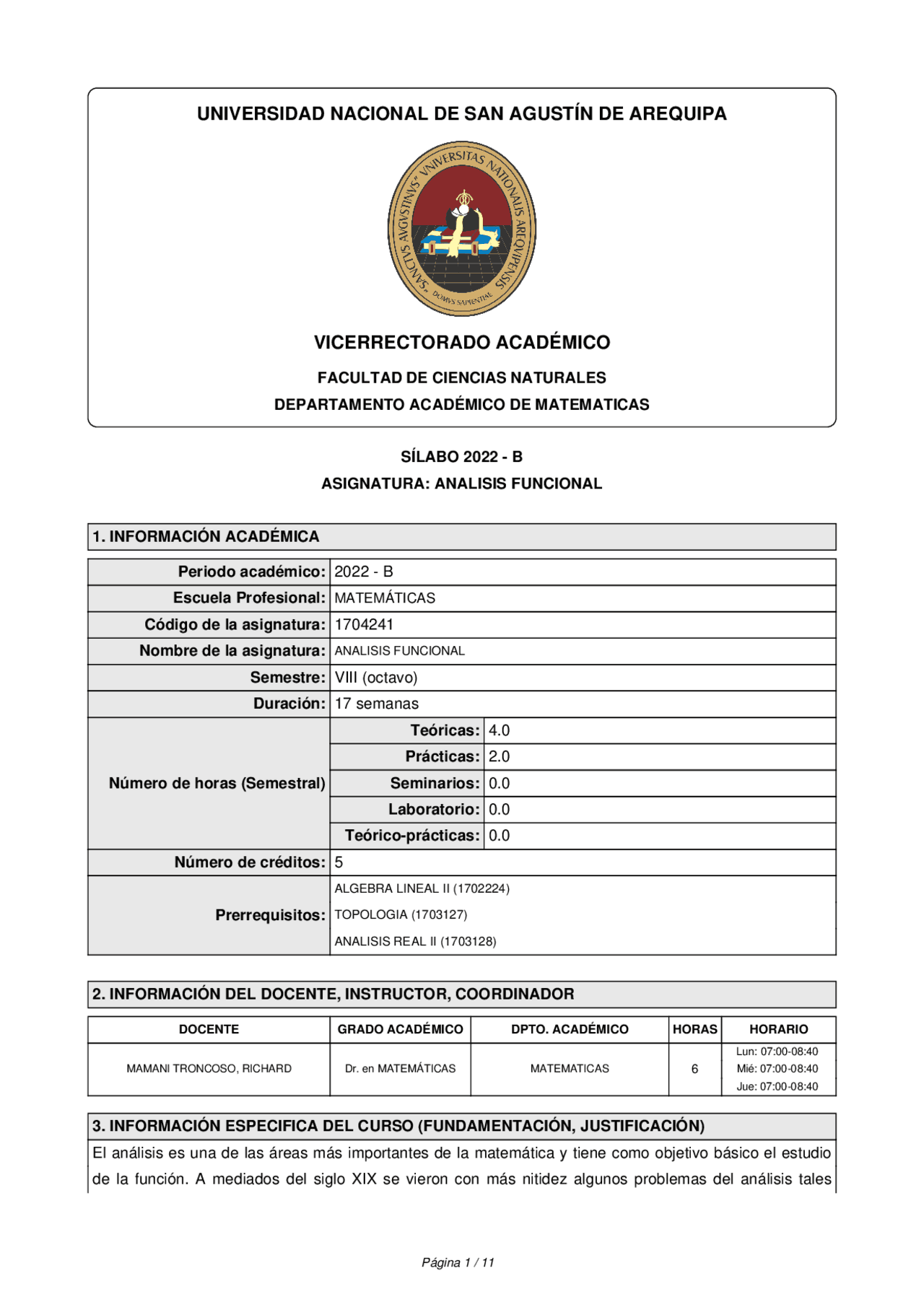 Silabo Analisis Funcional Apuntes De Análisis Complejo Docsity