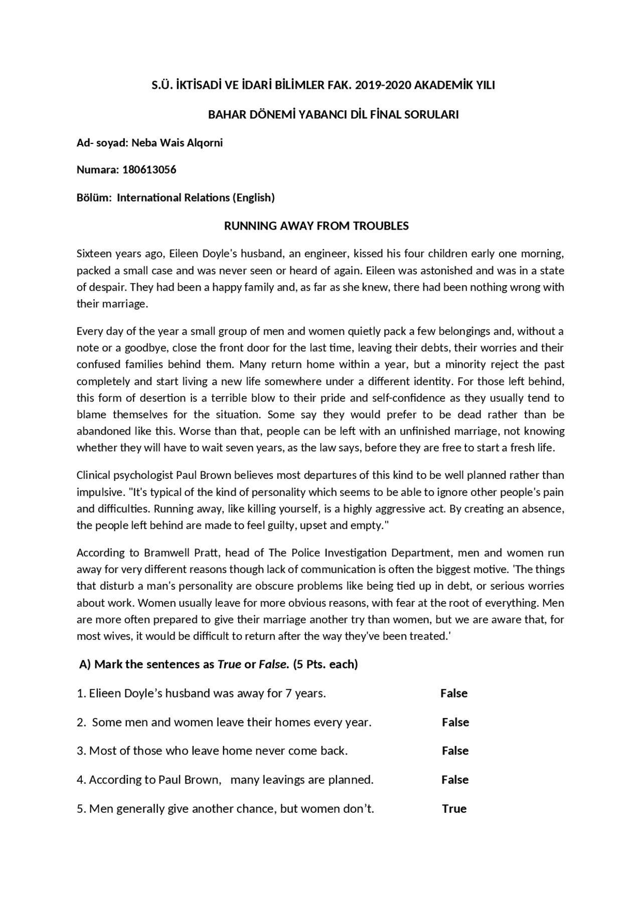 Selcuk University - Neba Wais Alqorni - English | Assignments English Language | Docsity