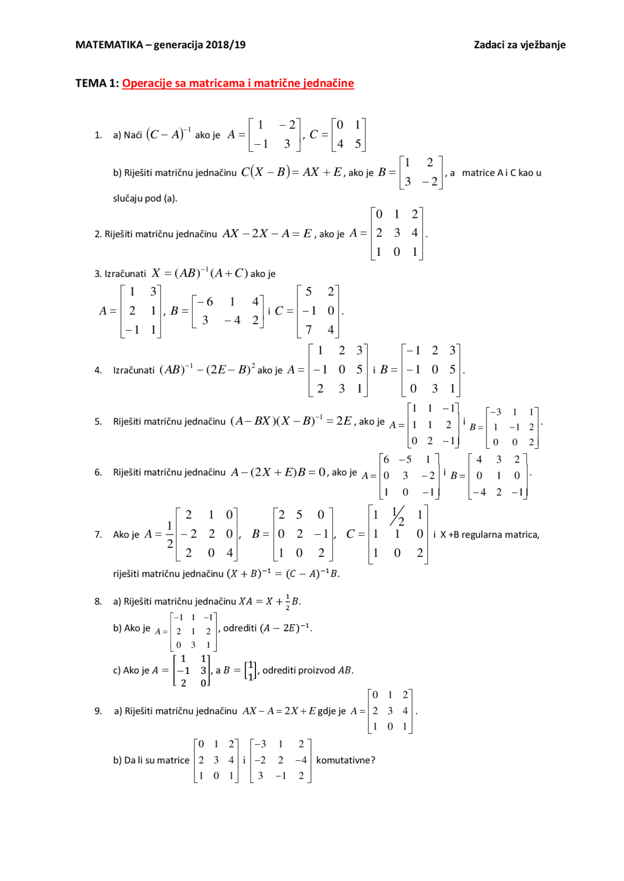 Operacije sa matricama i matrične jednačine E AX BXC + | Ispiti' predlog Matematika | Docsity