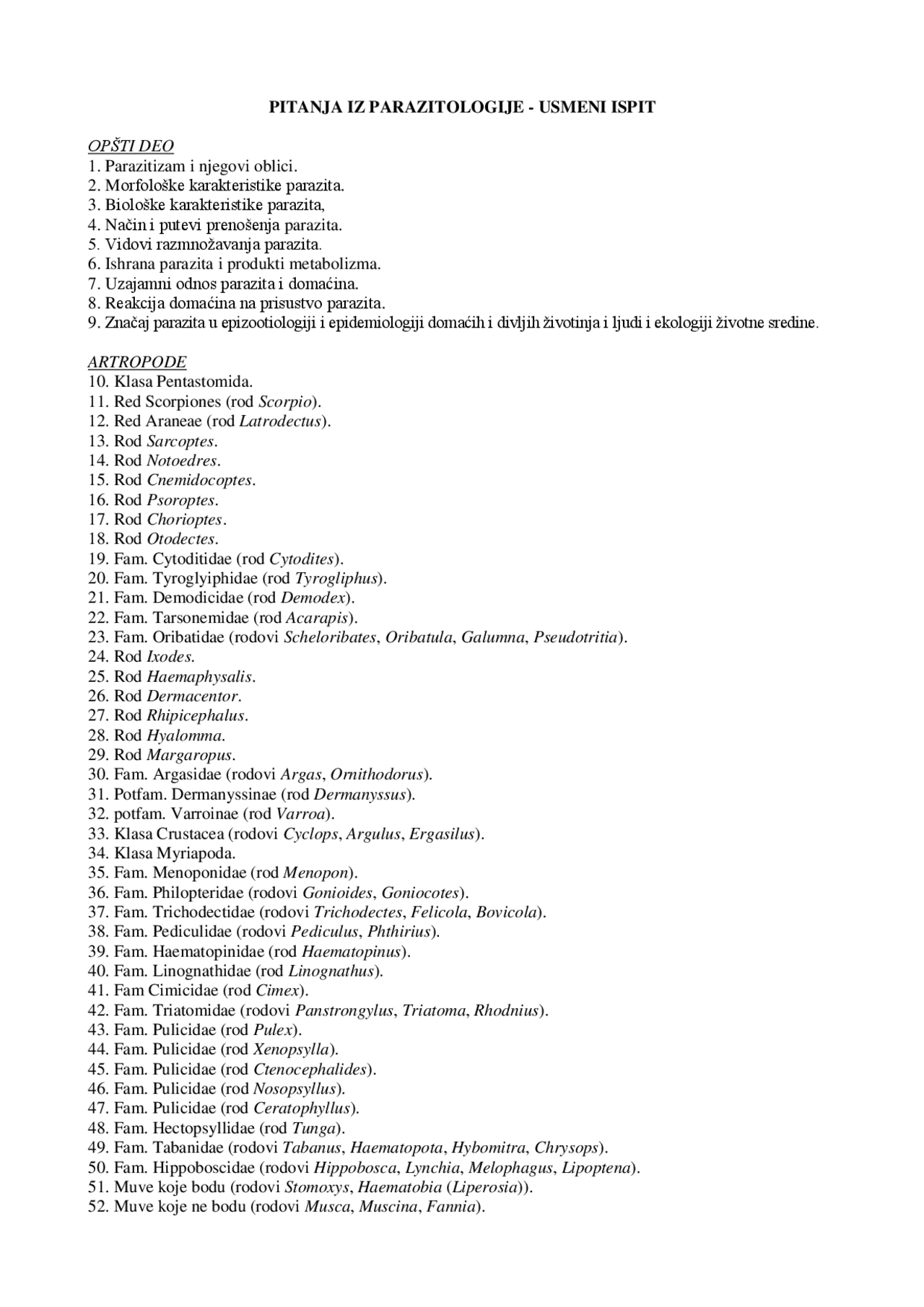 Pitanja Iz Parazitologije Skripte Predlog Parazitologija Docsity