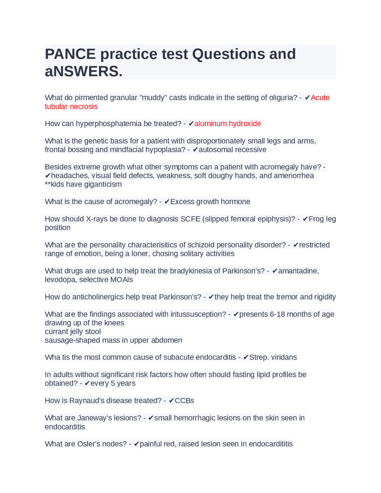 PANCE practice test Questions and aNSWERS | Exams Nursing | Docsity