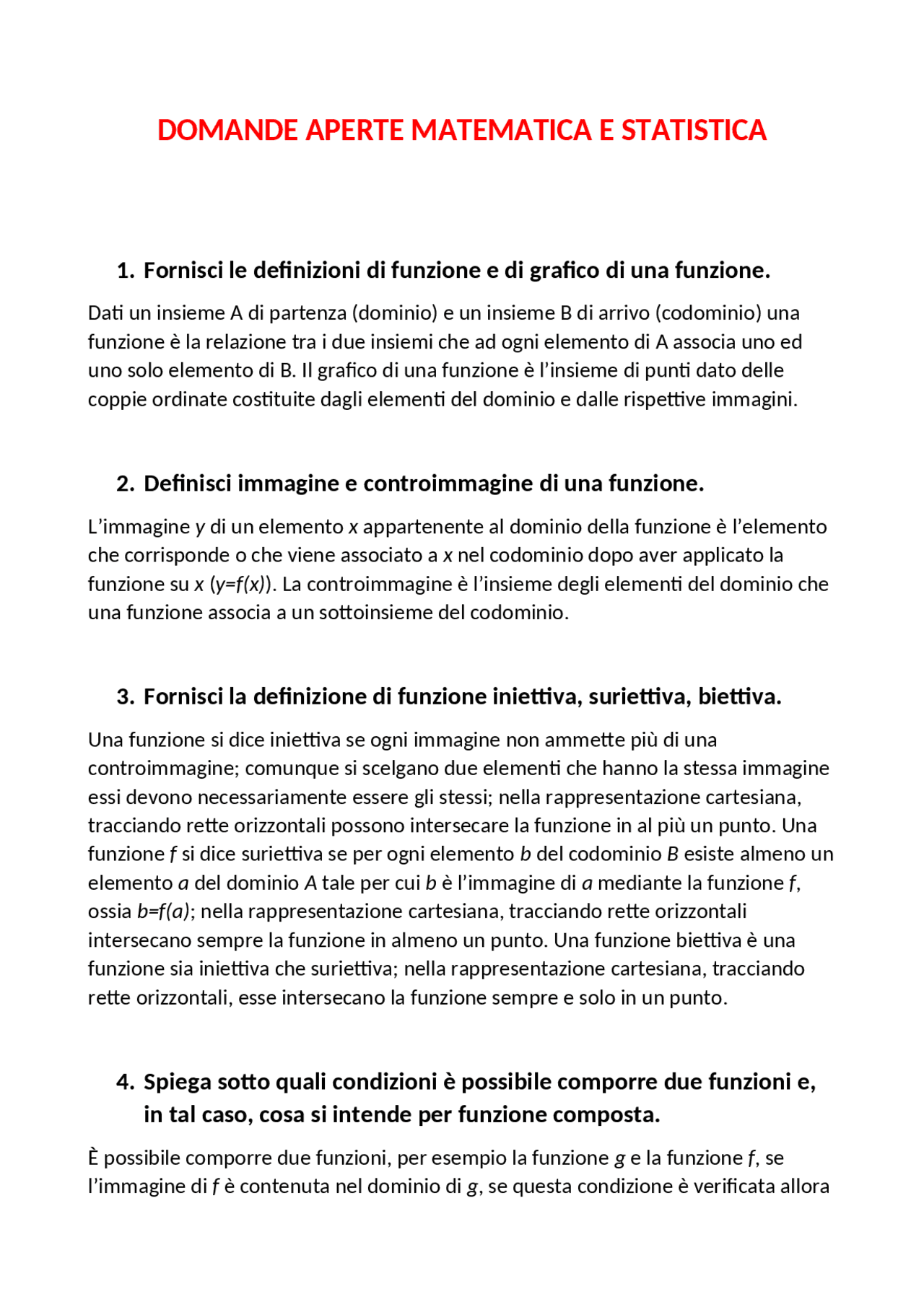 Matematica e Statistica, Domande Aperte per Esame e-Campus, Prof. Davide Catania, 01/2023 ...