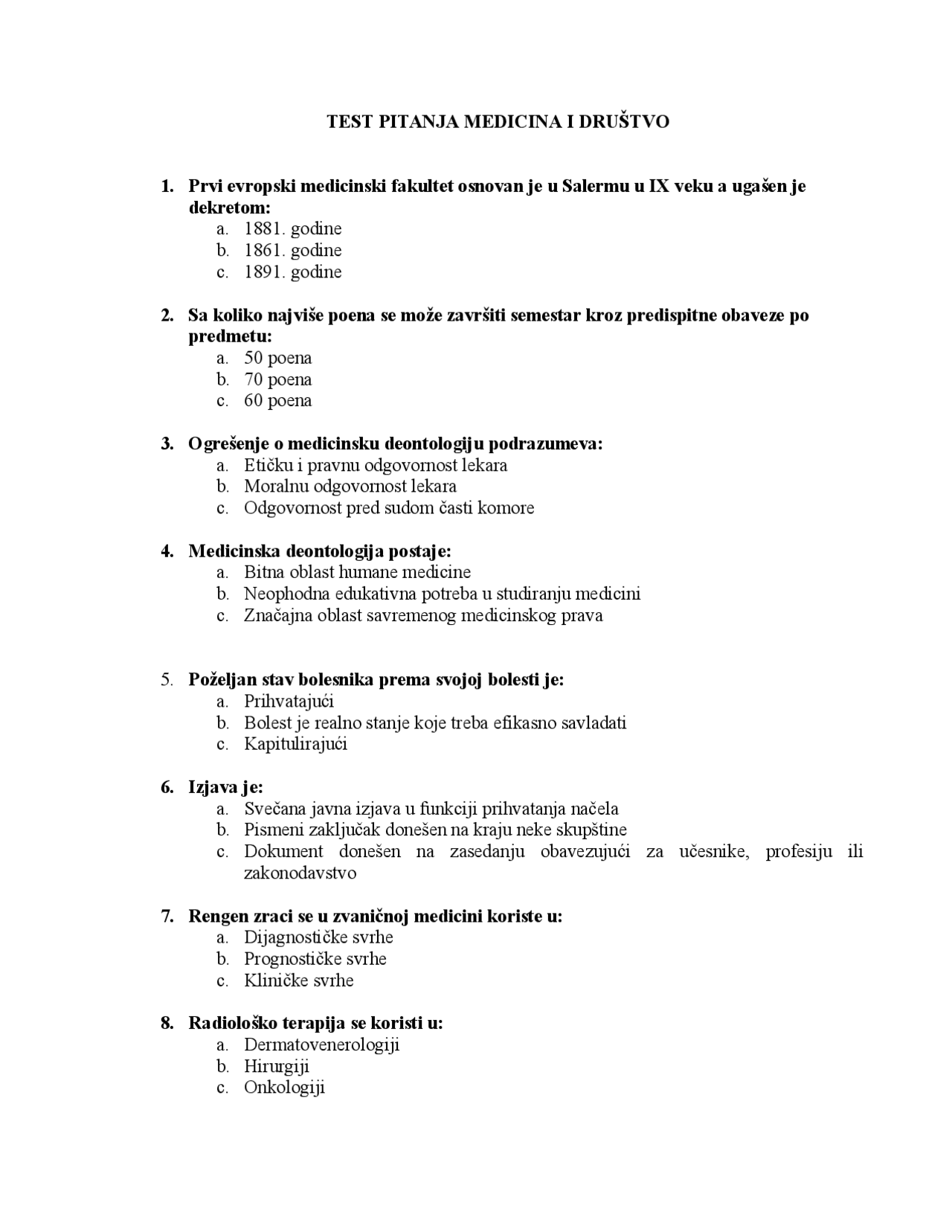 Test Pitanja Medicina I Društvo Skripte Predlog Hirurgija Docsity
