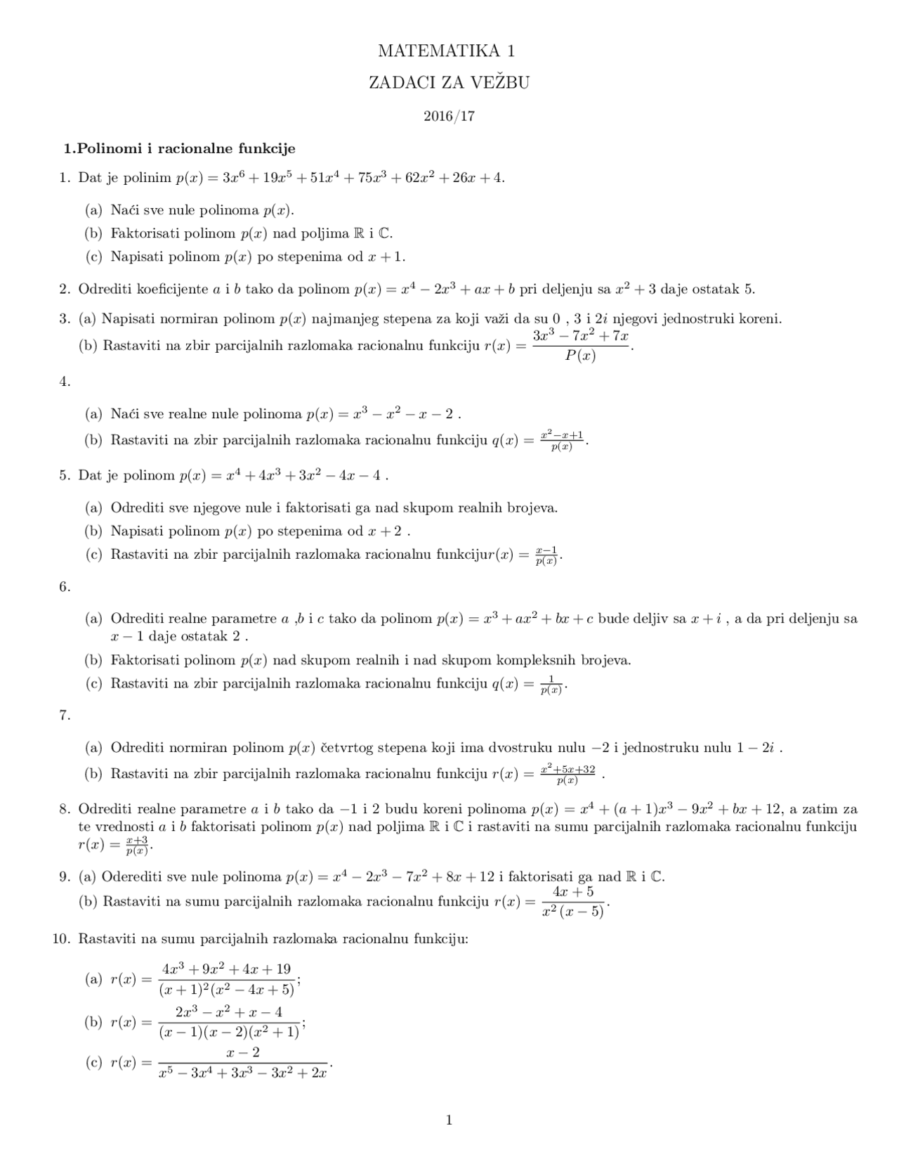 MATEMATIKA 1 ZADACI ZA VEŽBU | Rezime' predlog Matematika 1 | Docsity