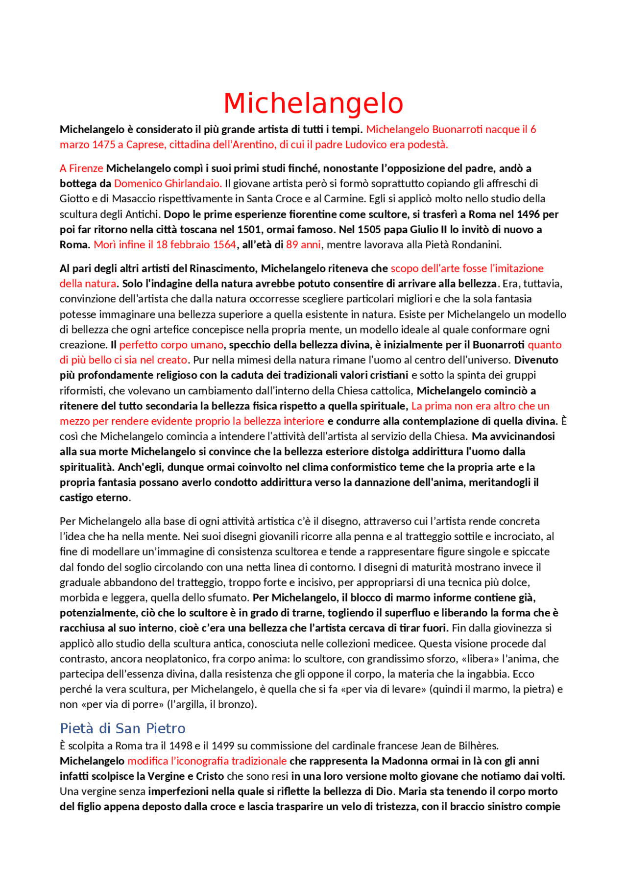 MICHELANGELO BUONARROTI - Appunti completi | Appunti di Elementi di ...