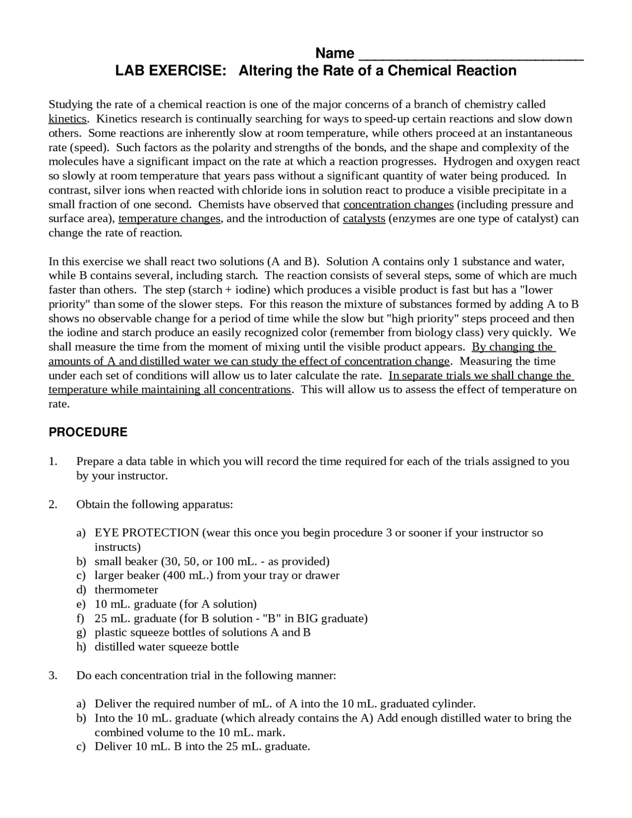 Altering The Rate Of A Chemical Reaction Assignments Chemistry Docsity