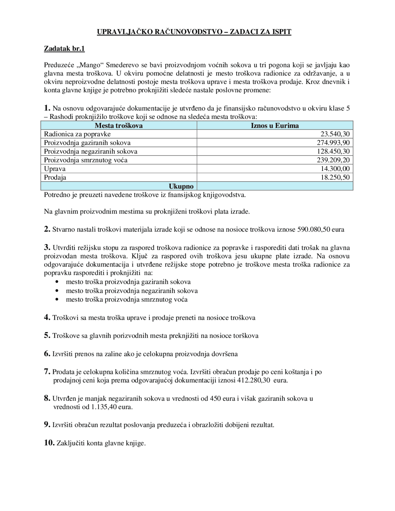 Upravljačko računovodstvo – zadaci za ispit | Rezime' predlog Računovodstvo | Docsity