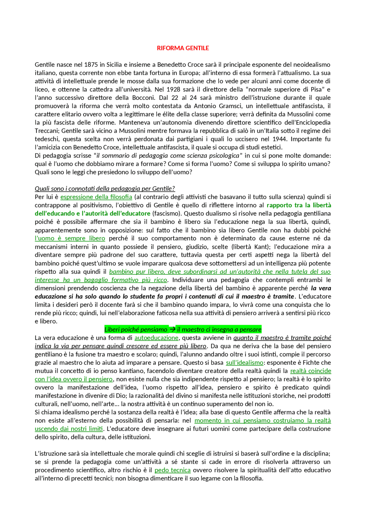 Gentile E La Sua Riforma Appunti Di Scienze Umane Docsity