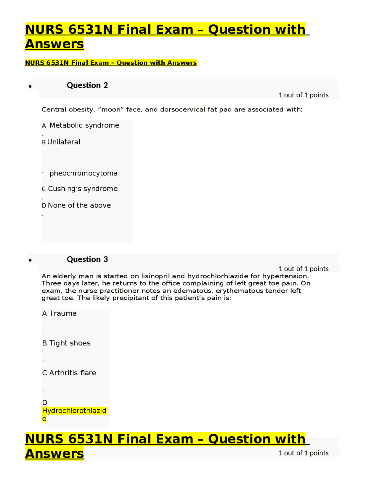 Nurs 6531n Final Exam Question With Answers Exams Nursing Docsity