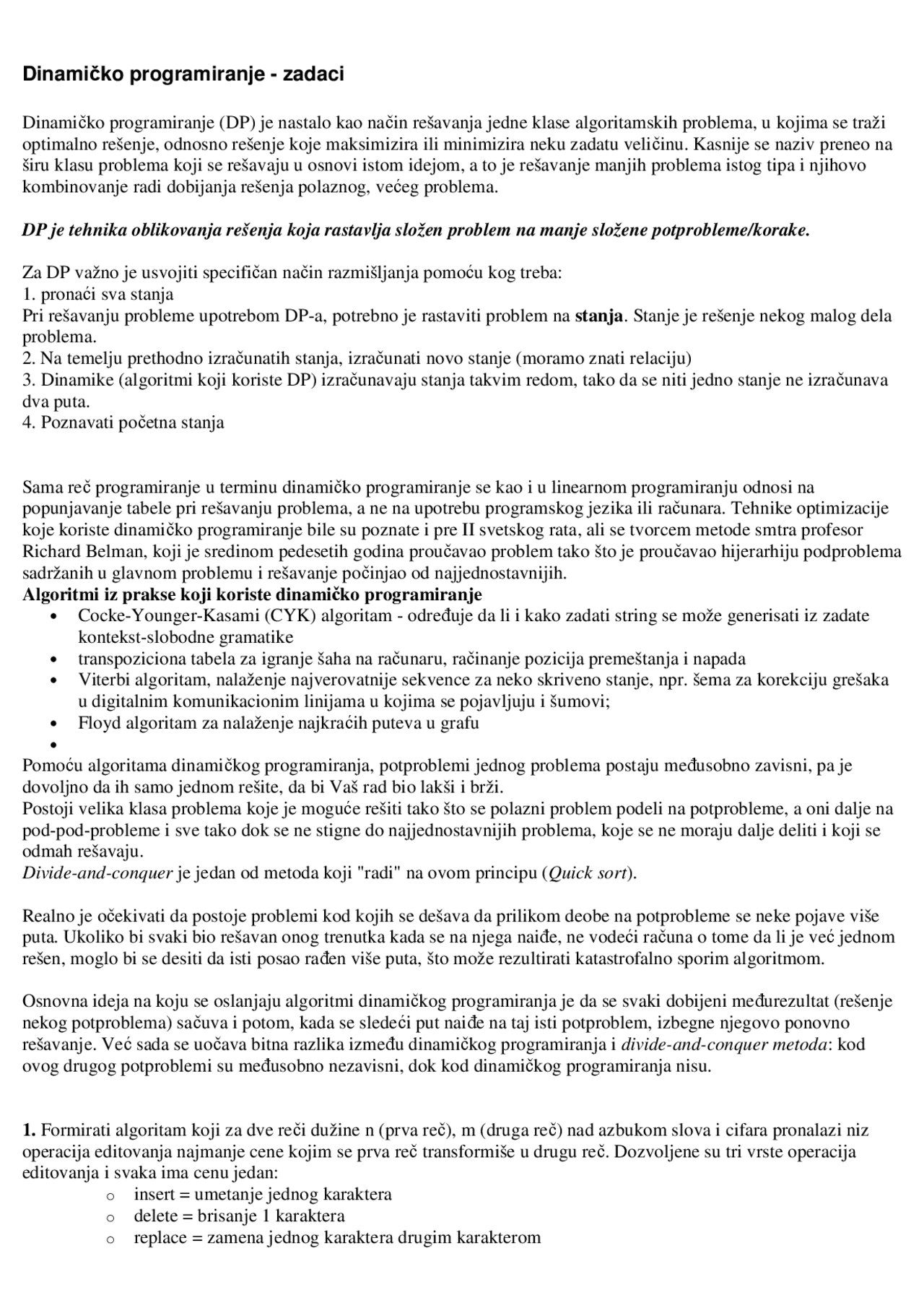 Dinamičko programiranje - zadaci | Šeme i konceptualne mape' predlog Programiranje | Docsity