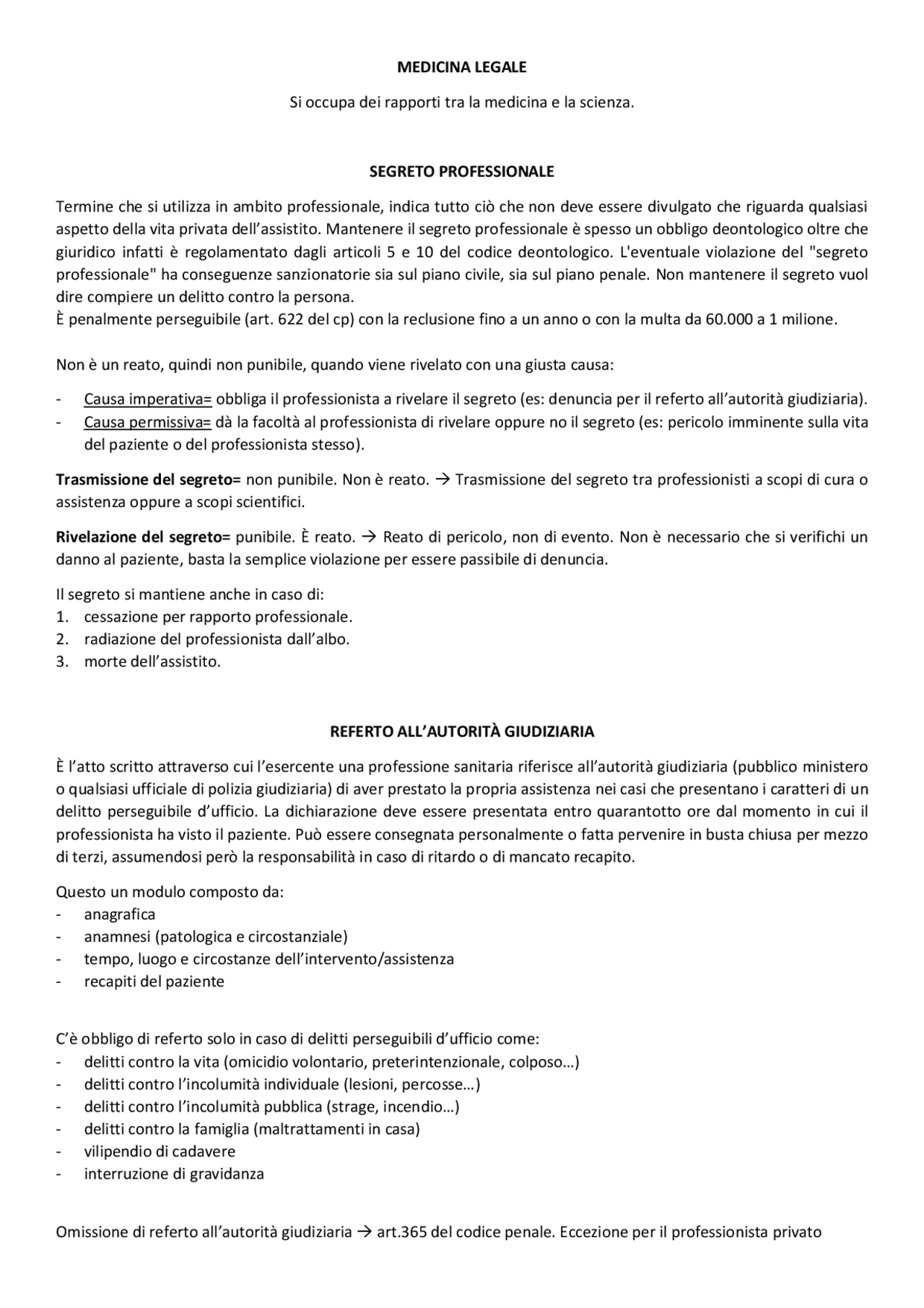 Medicina Legale appunti e dispense | Dispense di Medicina Legale | Docsity