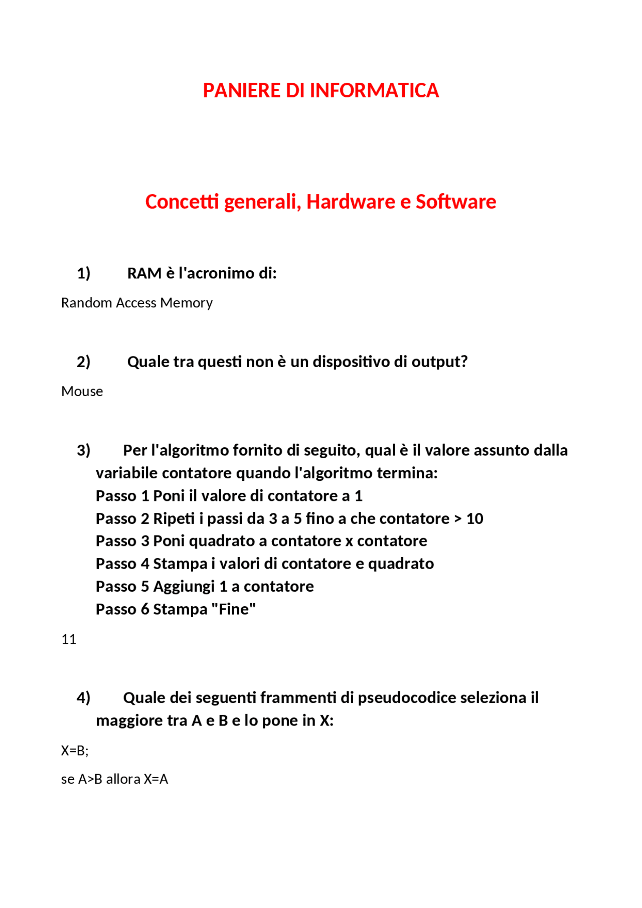 Informatica, Paniere Compilato per Esame e-Campus, Prof. Riccardo Botteri, 01/2023 | Panieri di ...