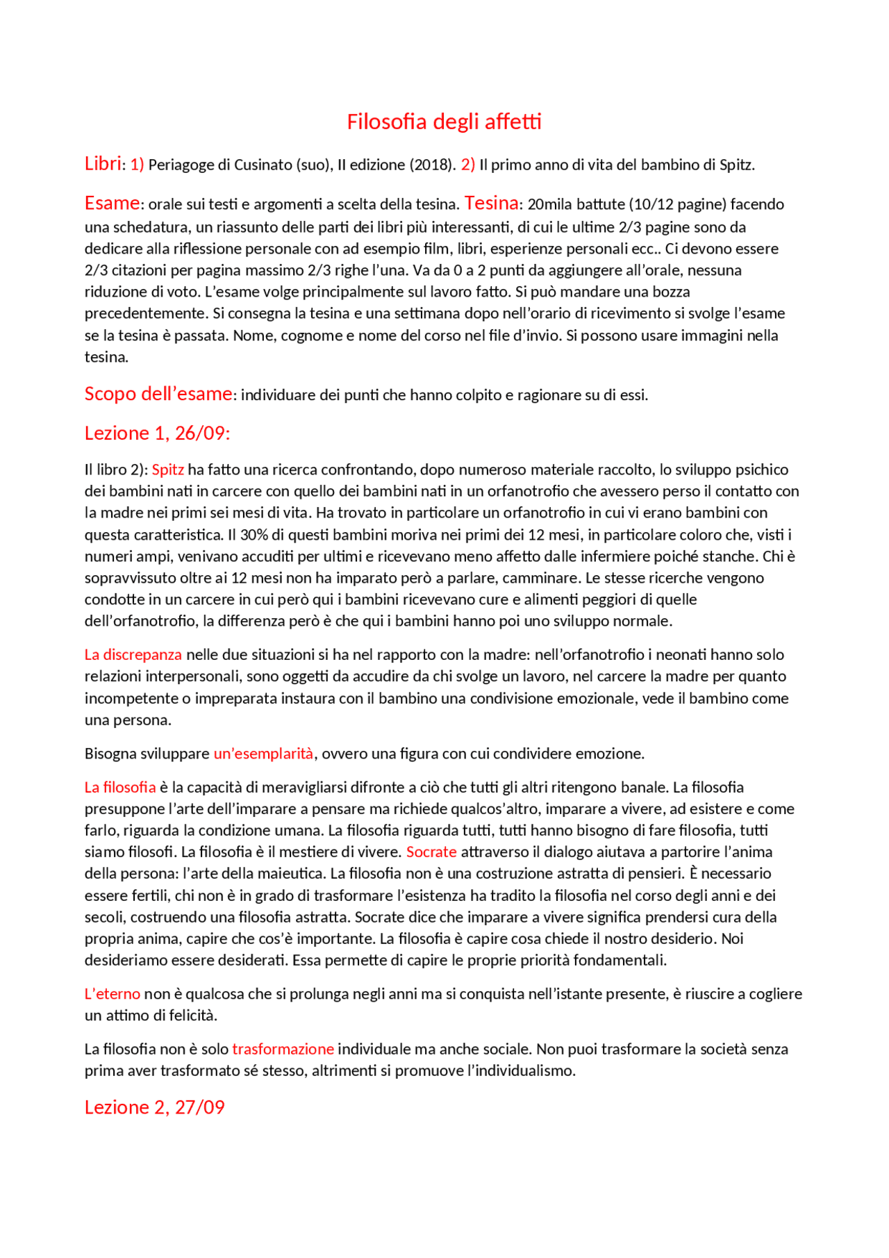 Filosofia degli affetti | Transcrições de Filosofia | Docsity