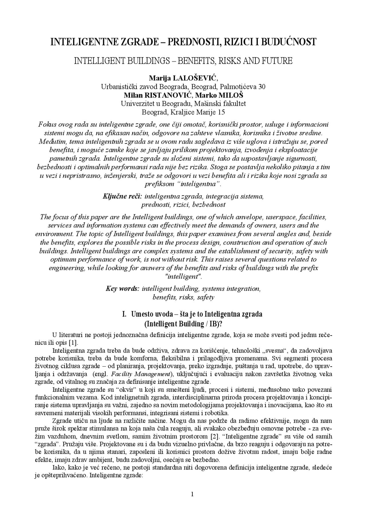 INTELIGENTNE ZGRADE – PREDNOSTI, RIZICI I BUDUĆNOST | Skripte' predlog Materijali | Docsity