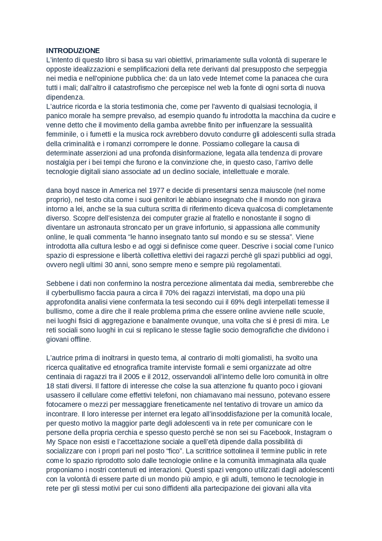 Relazione del libro It's complicated | Esercizi di Pedagogia | Docsity