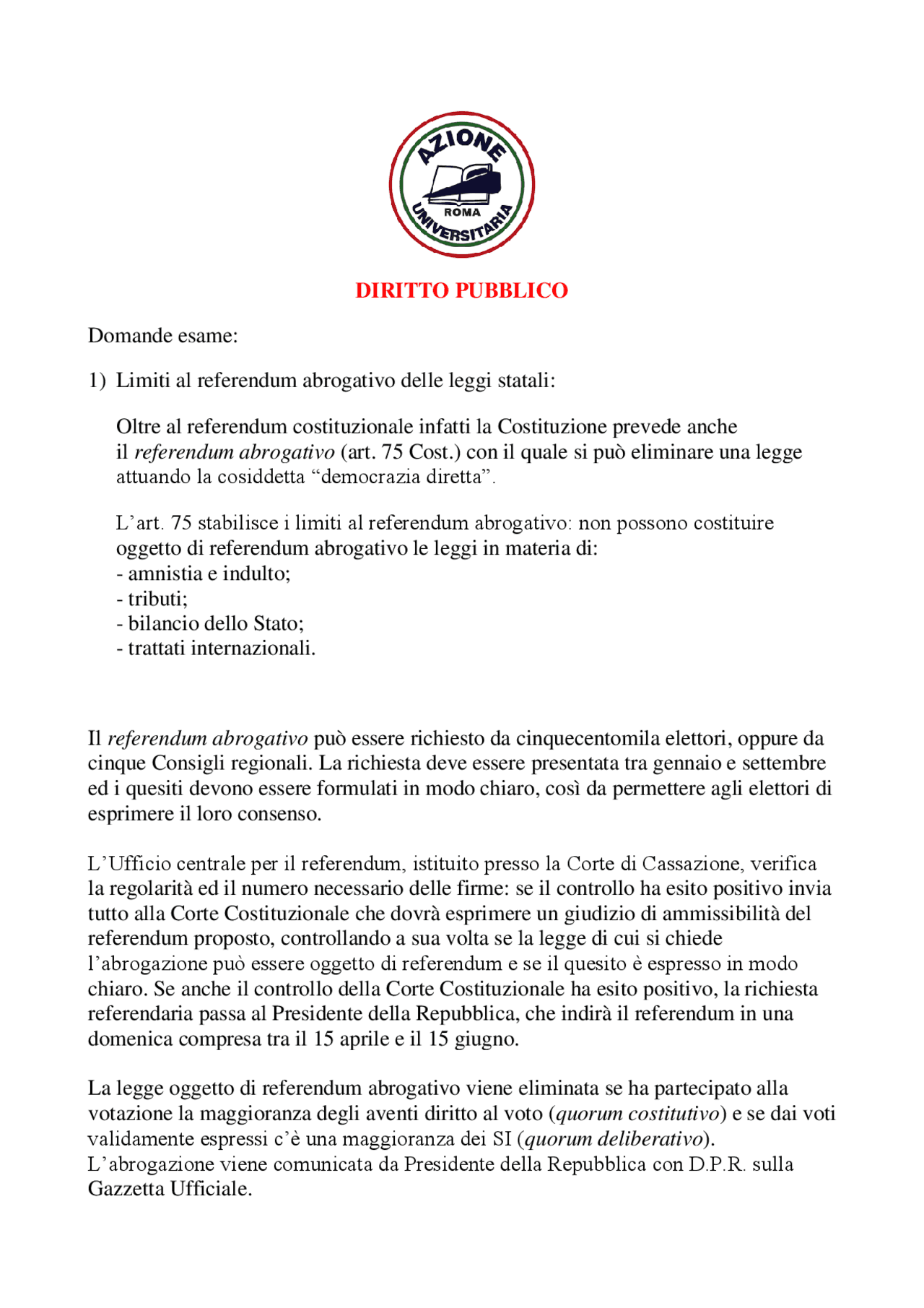 Diritto pubblico domande | Prove d'esame di Diritto Pubblico | Docsity