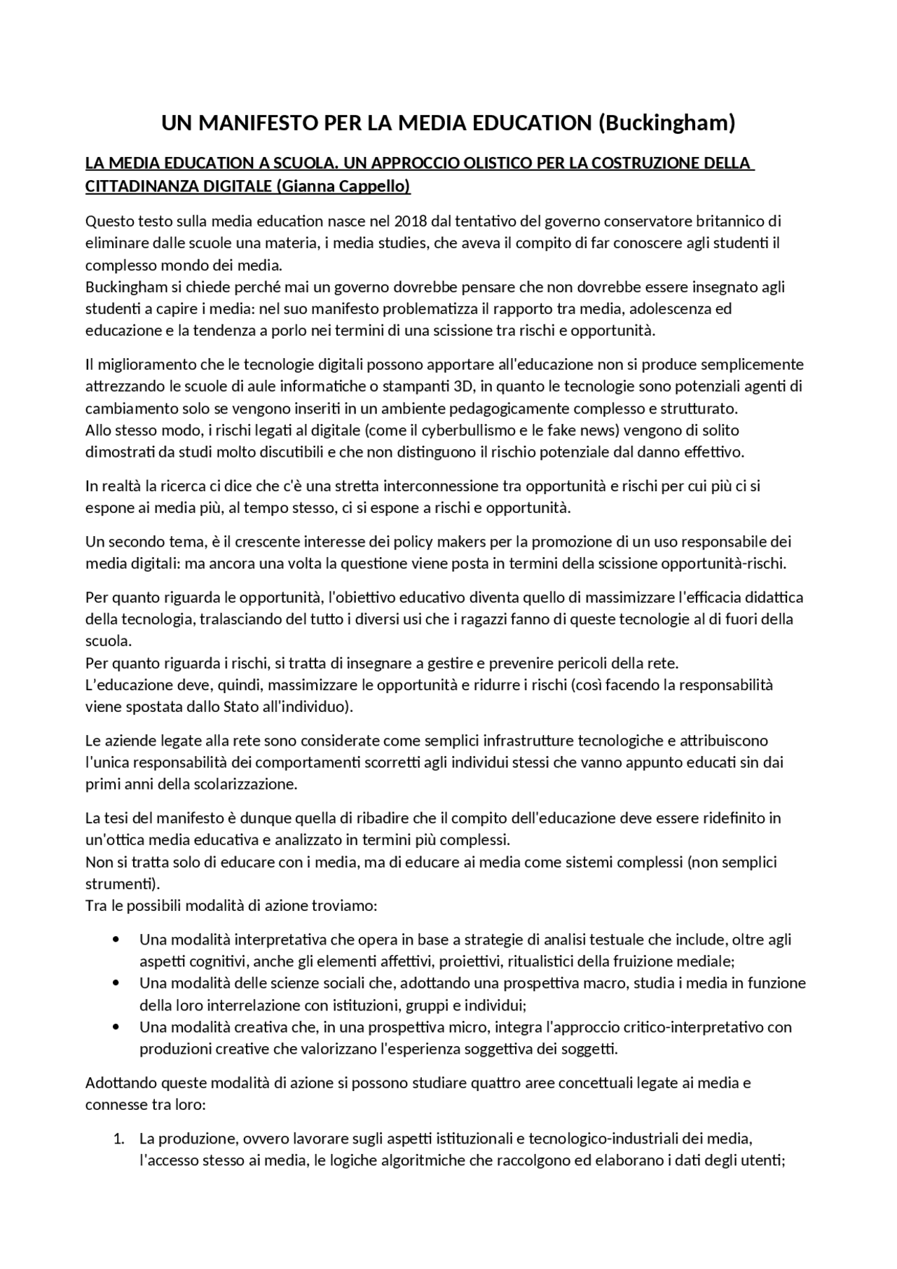 Riassunto del libro "Un manifesto per la media education" di David ...