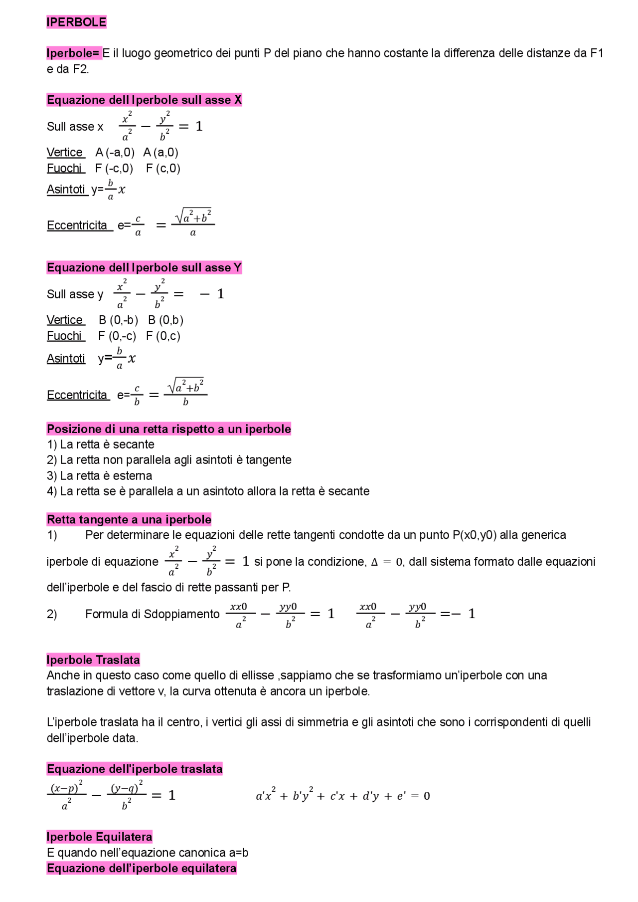 Iperbole Matematica Sintesi Del Corso Di Matematica Docsity