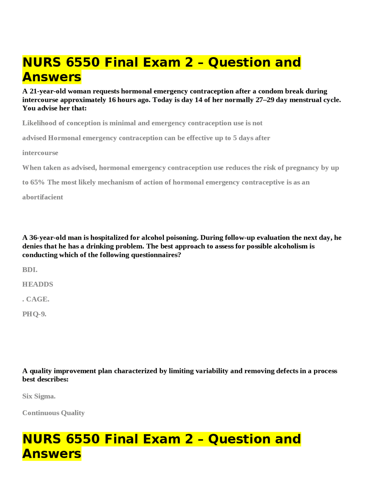 NURS 6550 Final Exam 2 – Question and Answers | Exams Nursing | Docsity