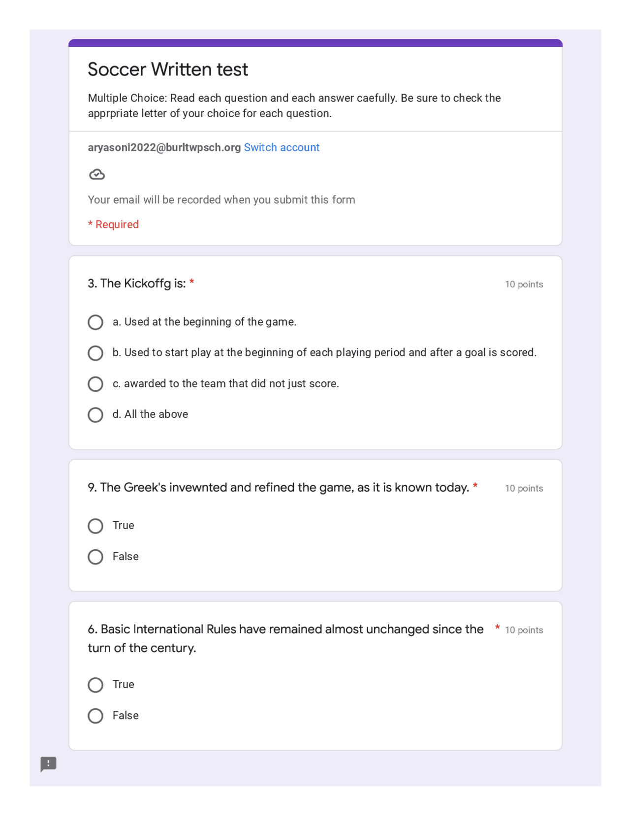 Soccer_written_test.pdf | Summaries Physical education | Docsity