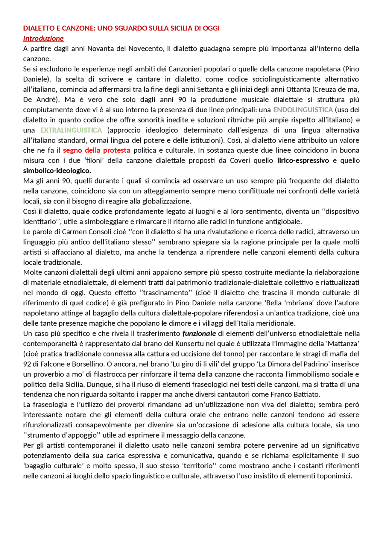 Riassunto Capitolo 1 e 2 Dialetto e Canzone | Schemi e mappe concettuali di Linguistica | Docsity