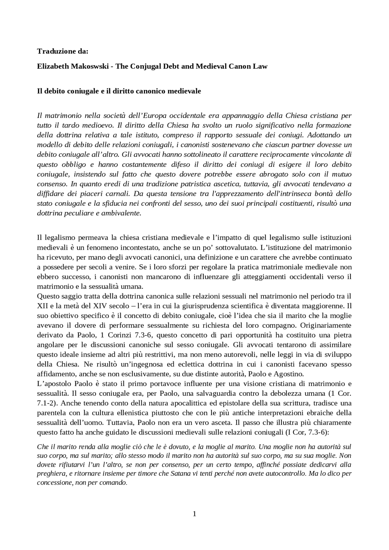 Traduzione di The conjugal debt (Makowski) per il corso del prof Forner ...