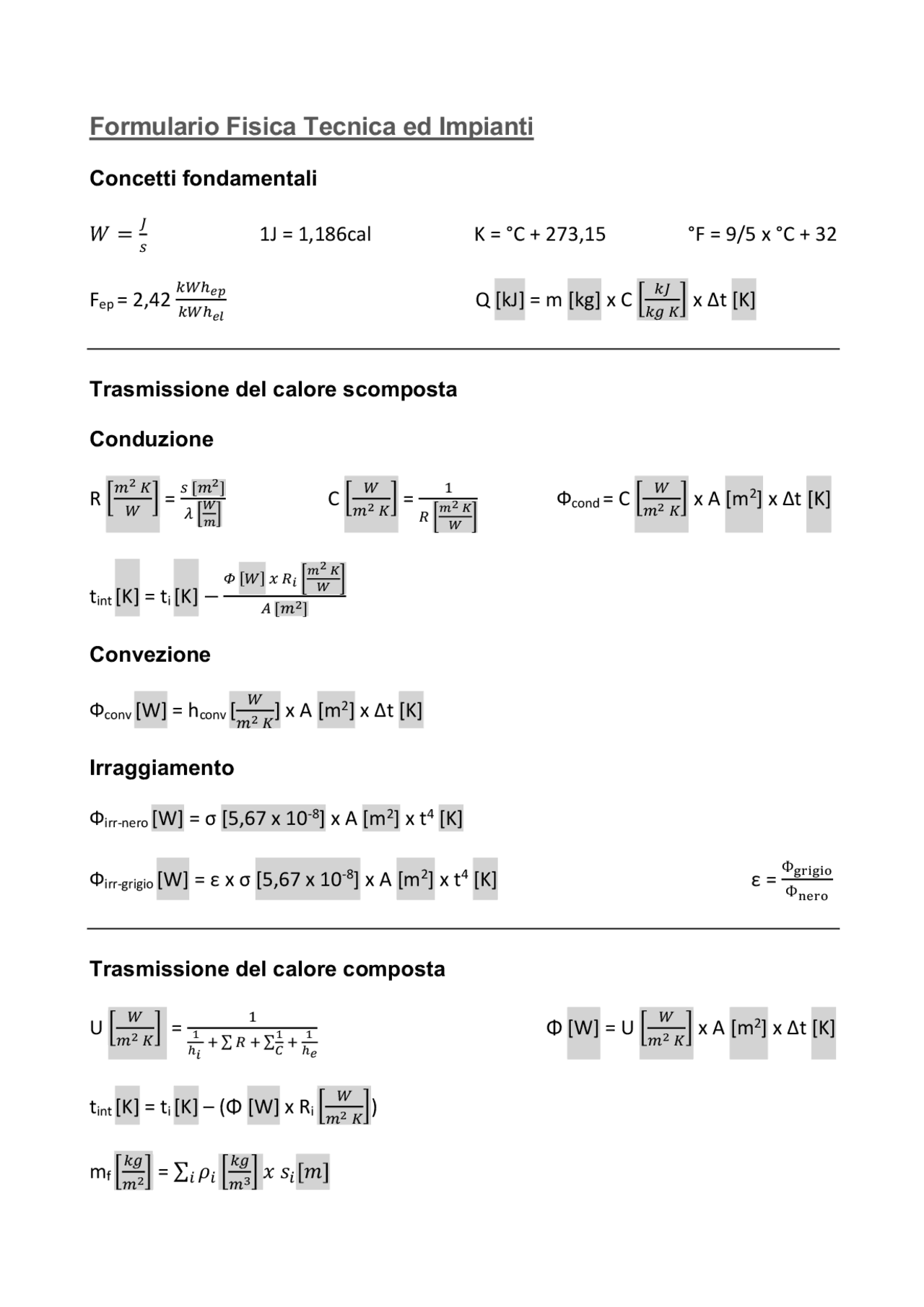 Formulario Fisica Tecnica ed Impianti - Prof. Leonforte Fabrizio ...