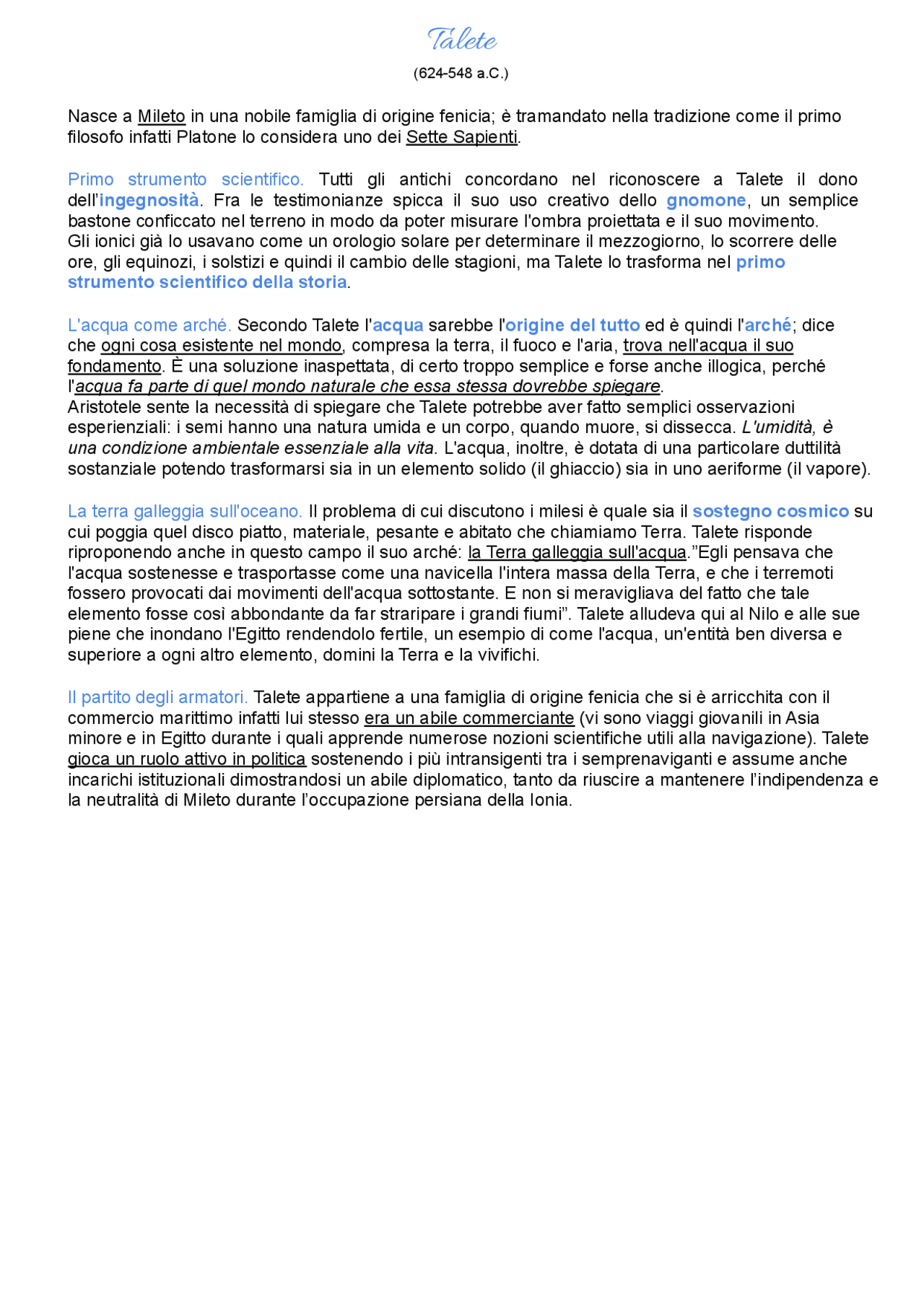 La Filosofia Di Talete Appunti Di Filosofia Docsity