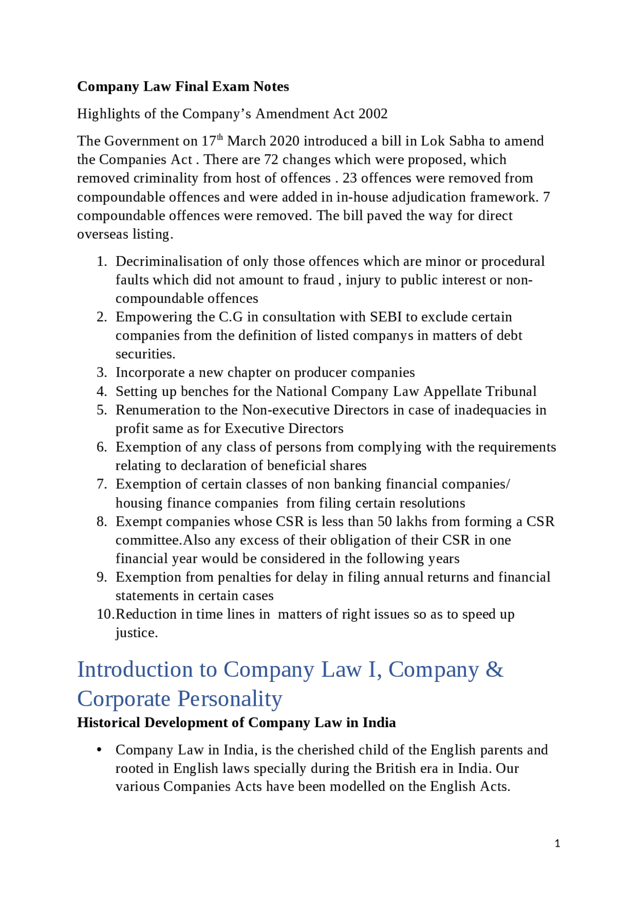 Corporate law study notes | Study notes Corporate Law | Docsity